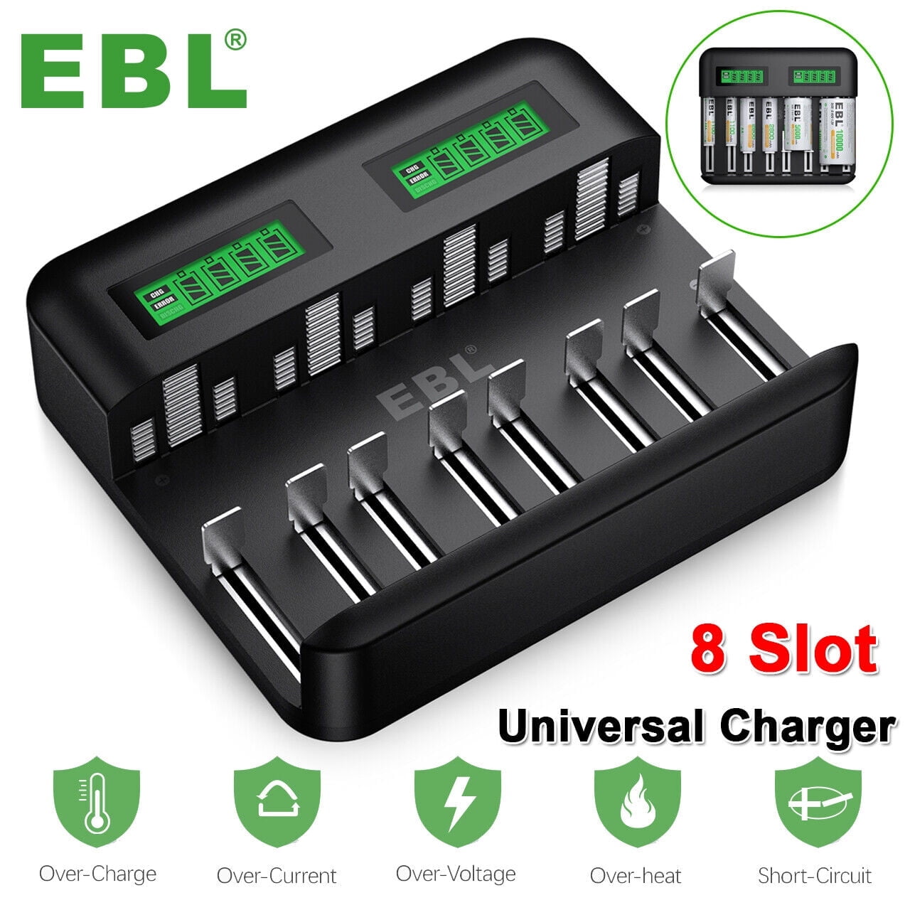EBL 8 Bay LCD Battery Charger for Ni-MH AA AAA C D Rechargeable Batteries with 2A USB Port, Type ...