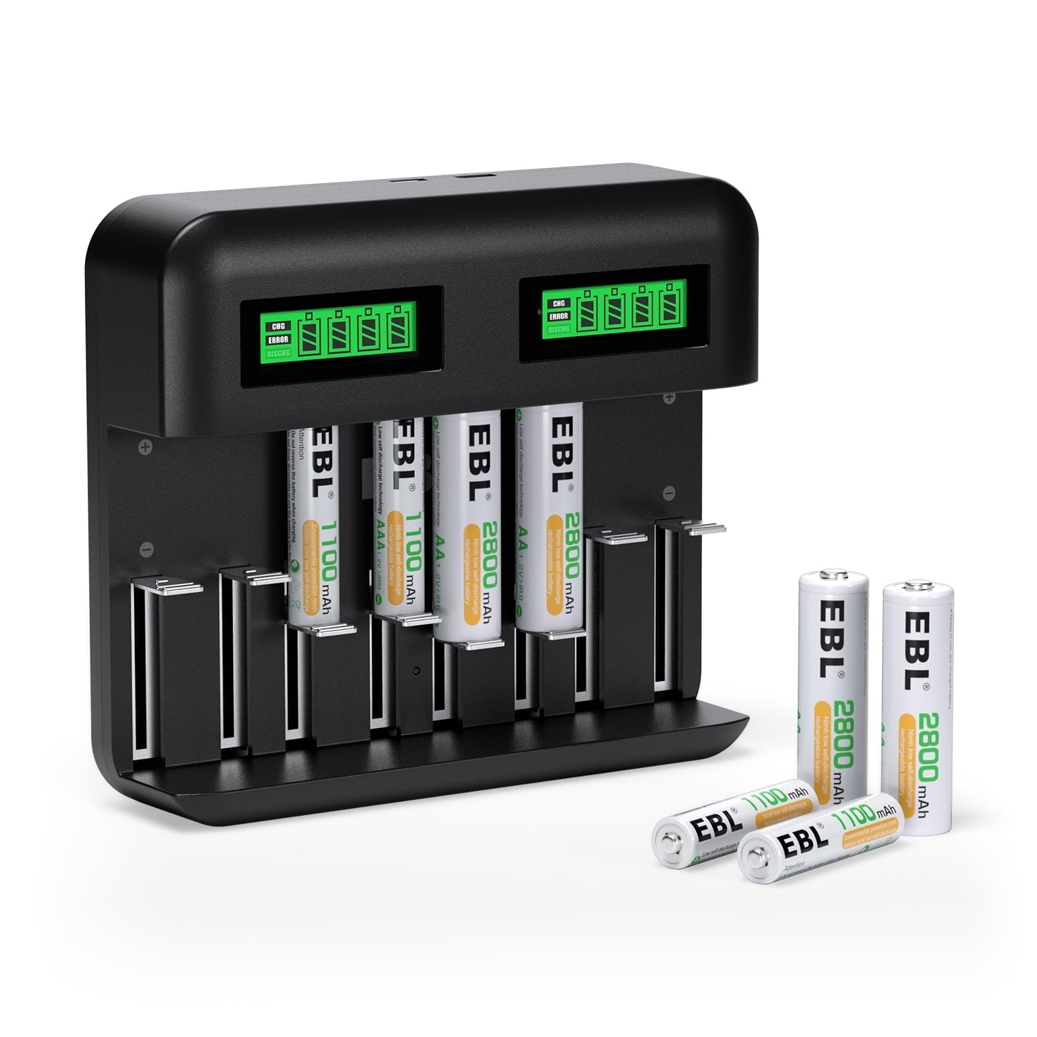 EBL 8 Bay Rechargeable AA AAA C D Battery Charger with 4 AA & 4 AAA ...