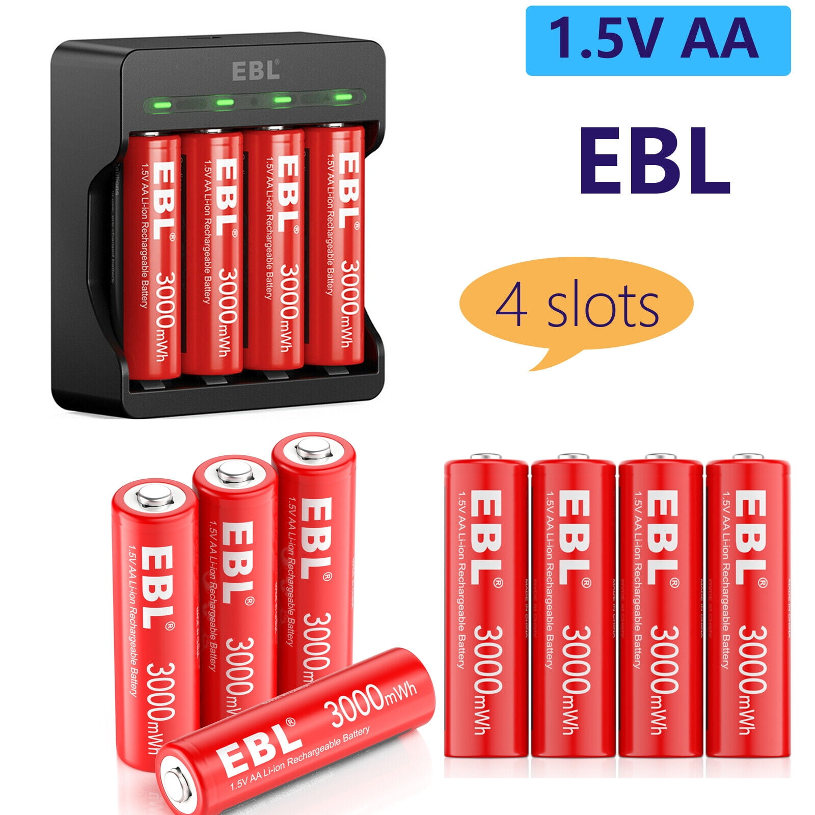 EBL 8-Pack AA Rechargeable 3000mWh Lithium Batteries with 4-Slot USB ...