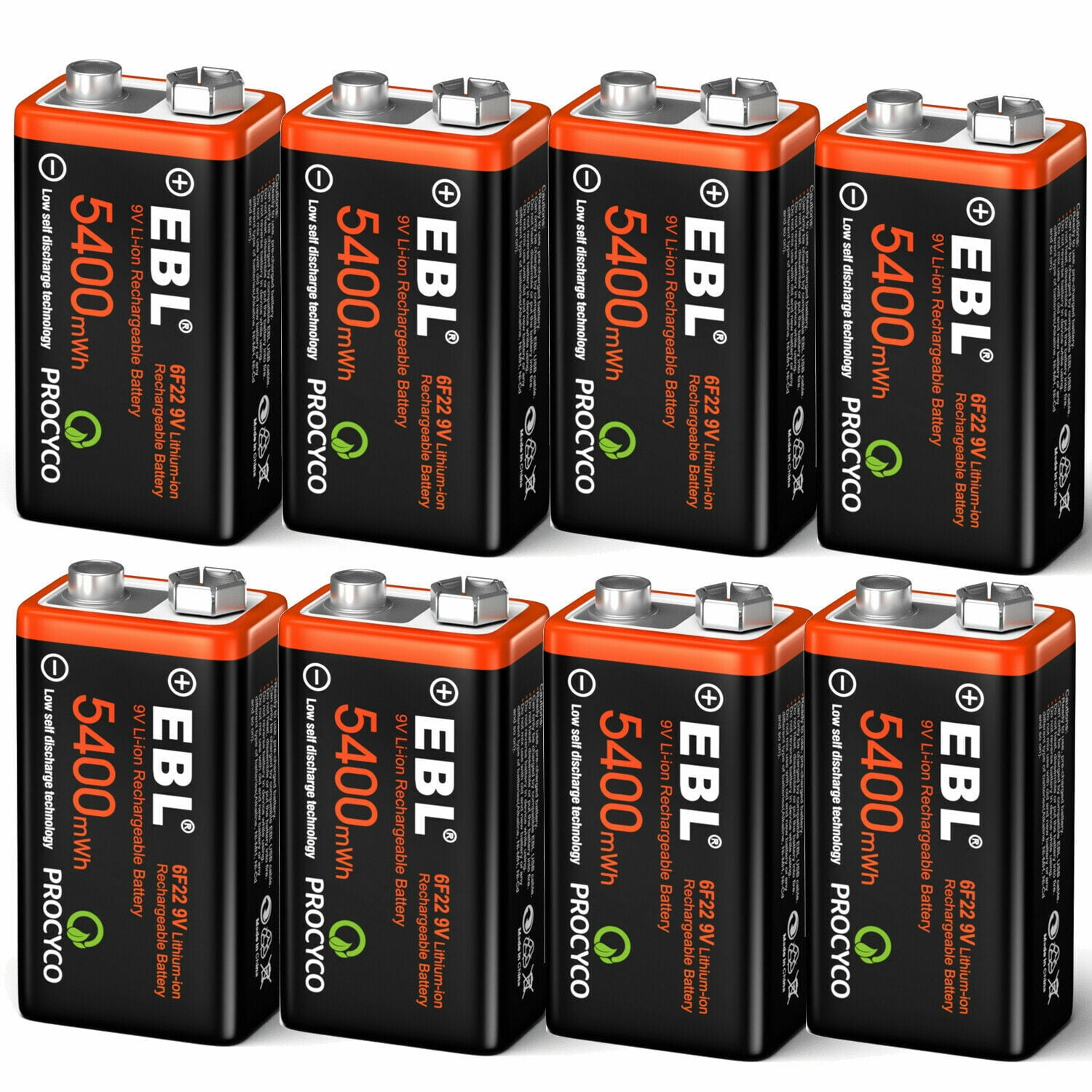 EBL 8-Pack USB Rechargeable 9V 6F22 LI-ion Batteries 5400mWh Lithium ...