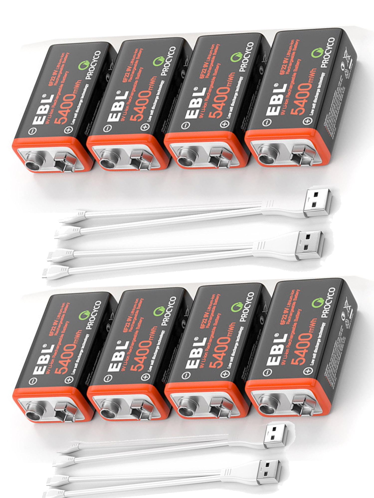 EBL (8 Pack) USB Rechargeable 9V Li-ion Batteries- 5400mWh Long Lasting Lithium Batteries with ...