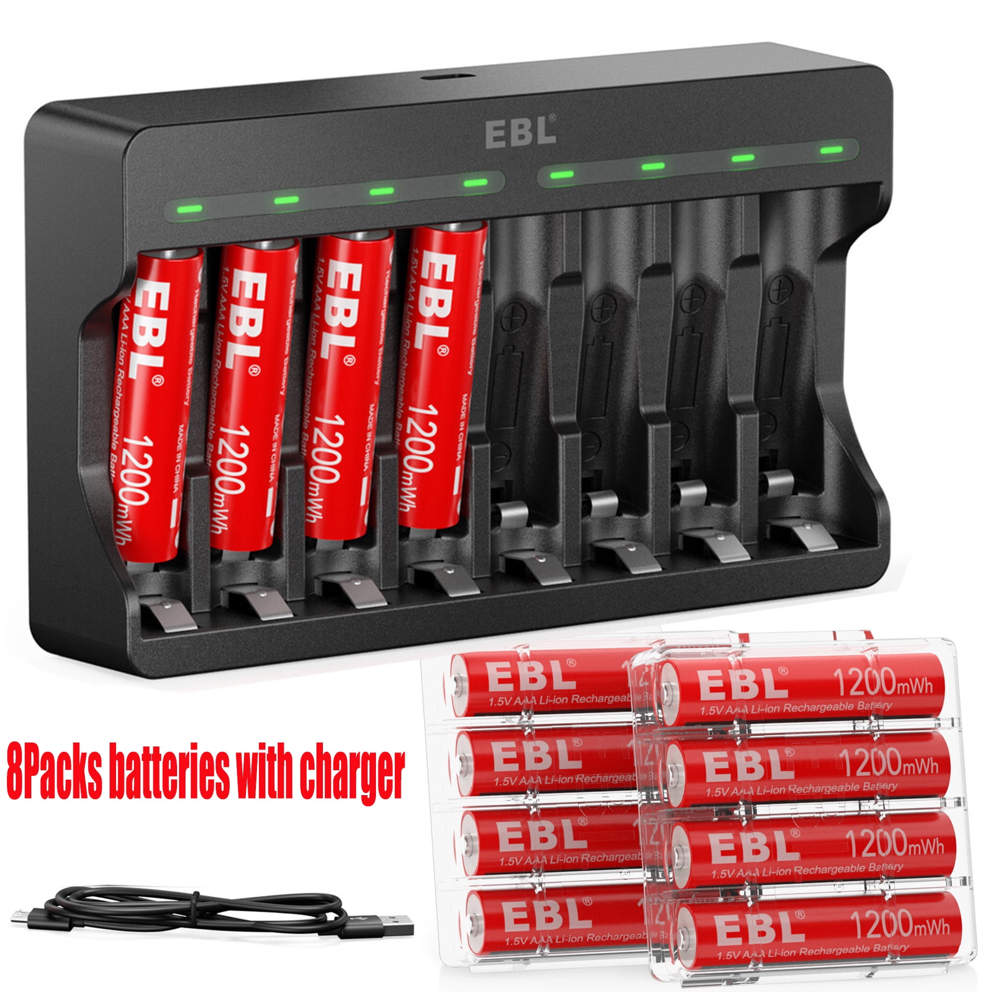 EBL 8x 1200mWh AAA Rechargeable Lithium Batteries 1.5V with 8 Bay ...