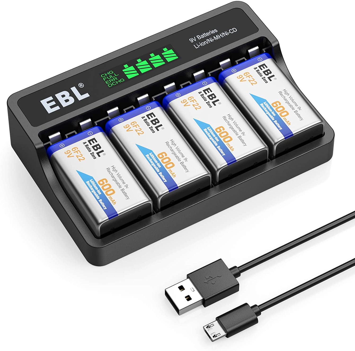 EBL 9V Li-ion Rechargeable Batteries 600mAh 4-Pack with LCD Smart ...