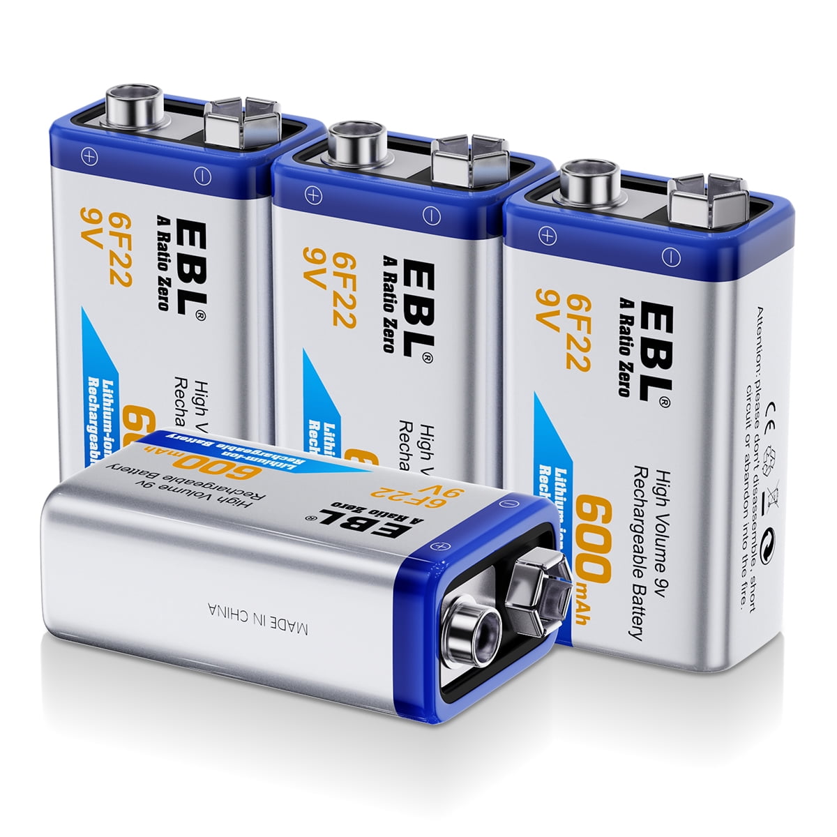 EBL 9V Rechargeable Batteries 9 Volt Lithium ion 600mAh Li-ion ...