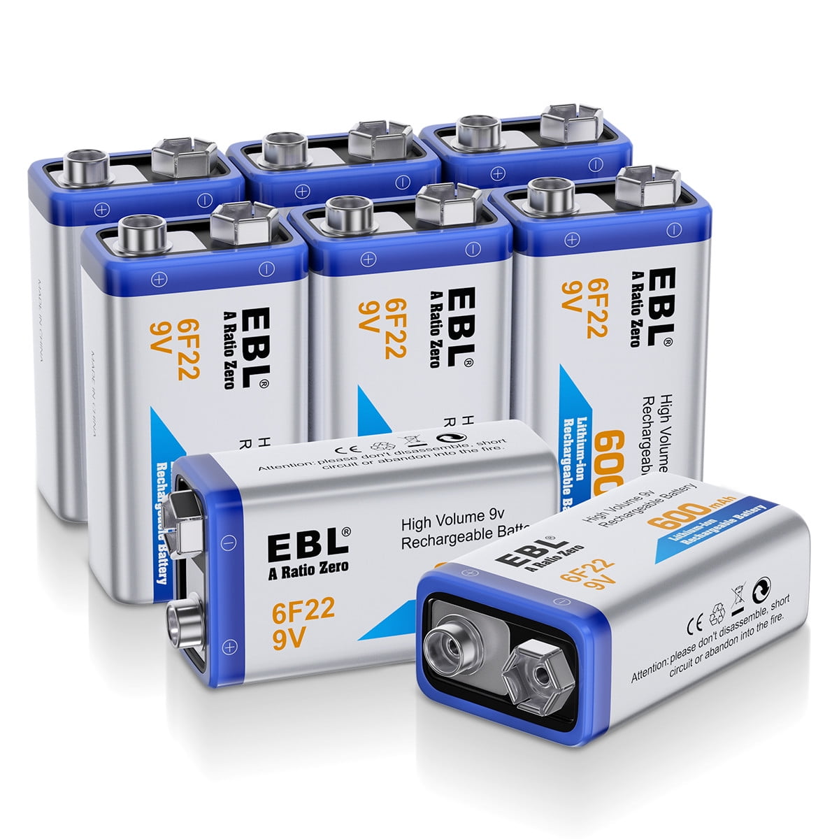 EBL 9V Rechargeable Batteries 9 Volt Lithium ion 600mAh Li-ion ...