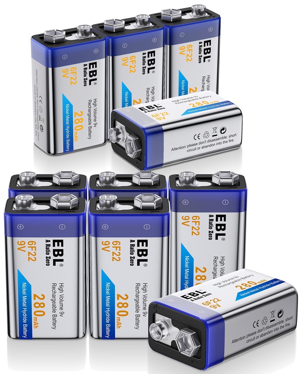 EBL 9V Rechargeable Batteries NiMH 280mAh 9 Volt Battery 10Packs - Walmart.com