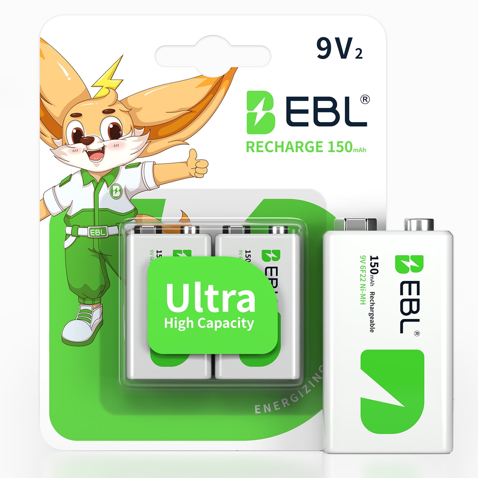 EBL 9V Rechargeable Batteries NiMH Everyday 150mAh 9V Battery for Household and Office Devices ...