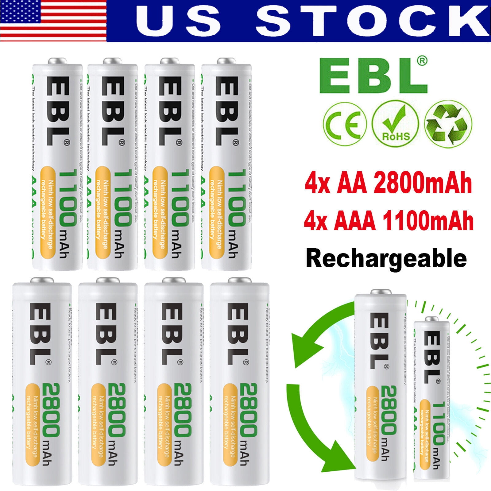 EBL AA 2800mAh (4 Pack) and AAA 1100mAh (4 Pack) Rechargeable Batteries ...