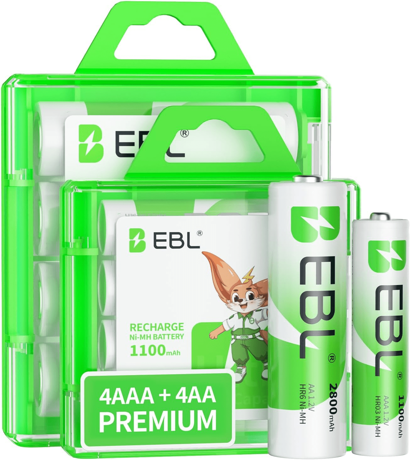 EBL AA & AAA Ni-MH Rechargeable Battery Set, 2800mAh & 1100mAh, 4 Pack ...