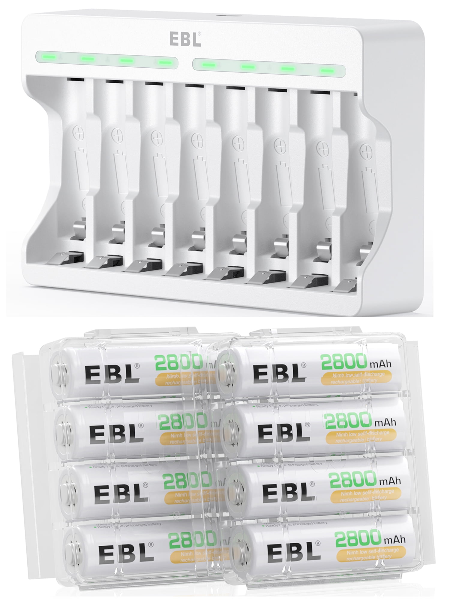 EBL AA Rechargeable Batteries 2800mAh (8 Pack) Nimh Double A Batteries ...