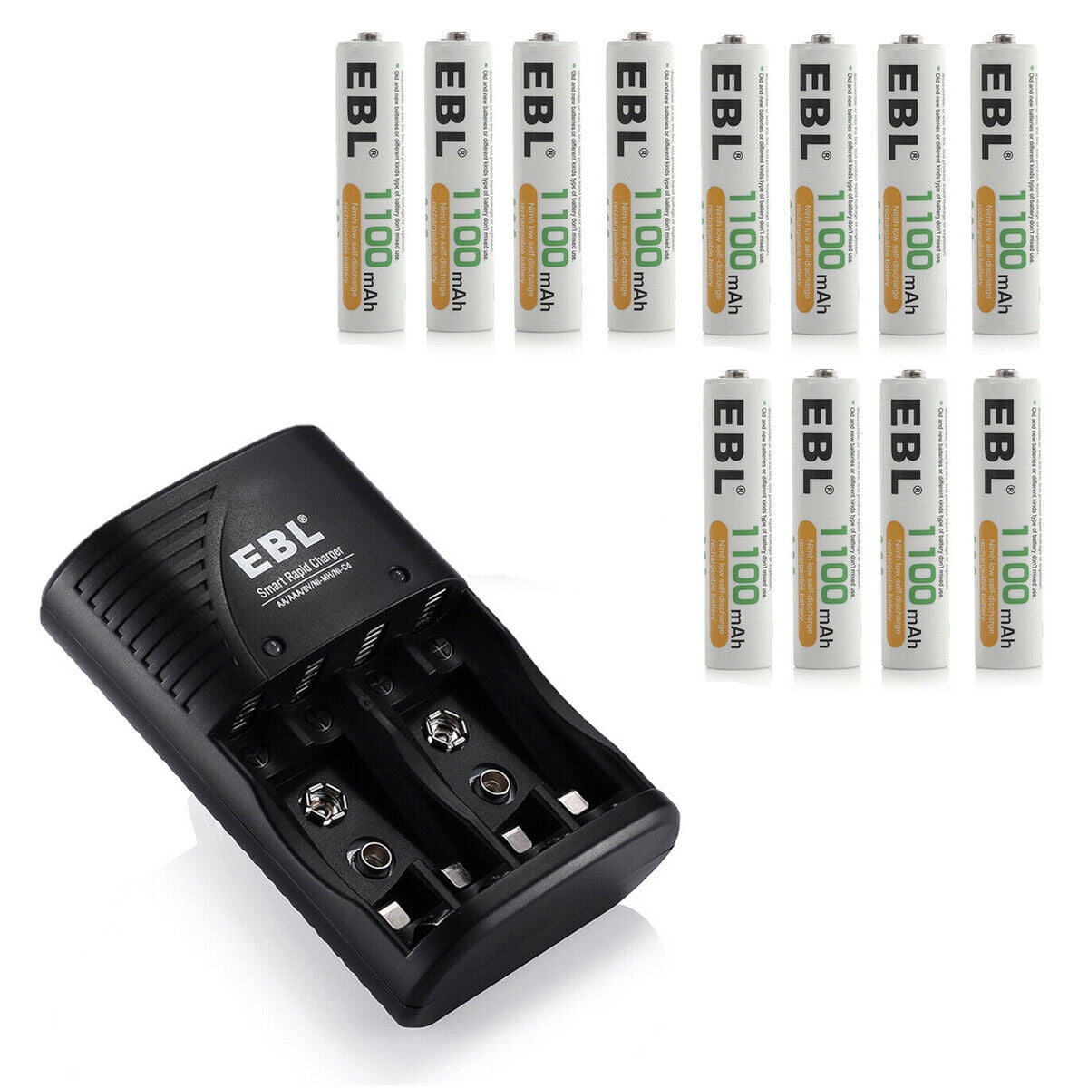 EBL AAA Rechargeable Battery Set with Smart Charger, 1100mAh 12-Pack ...