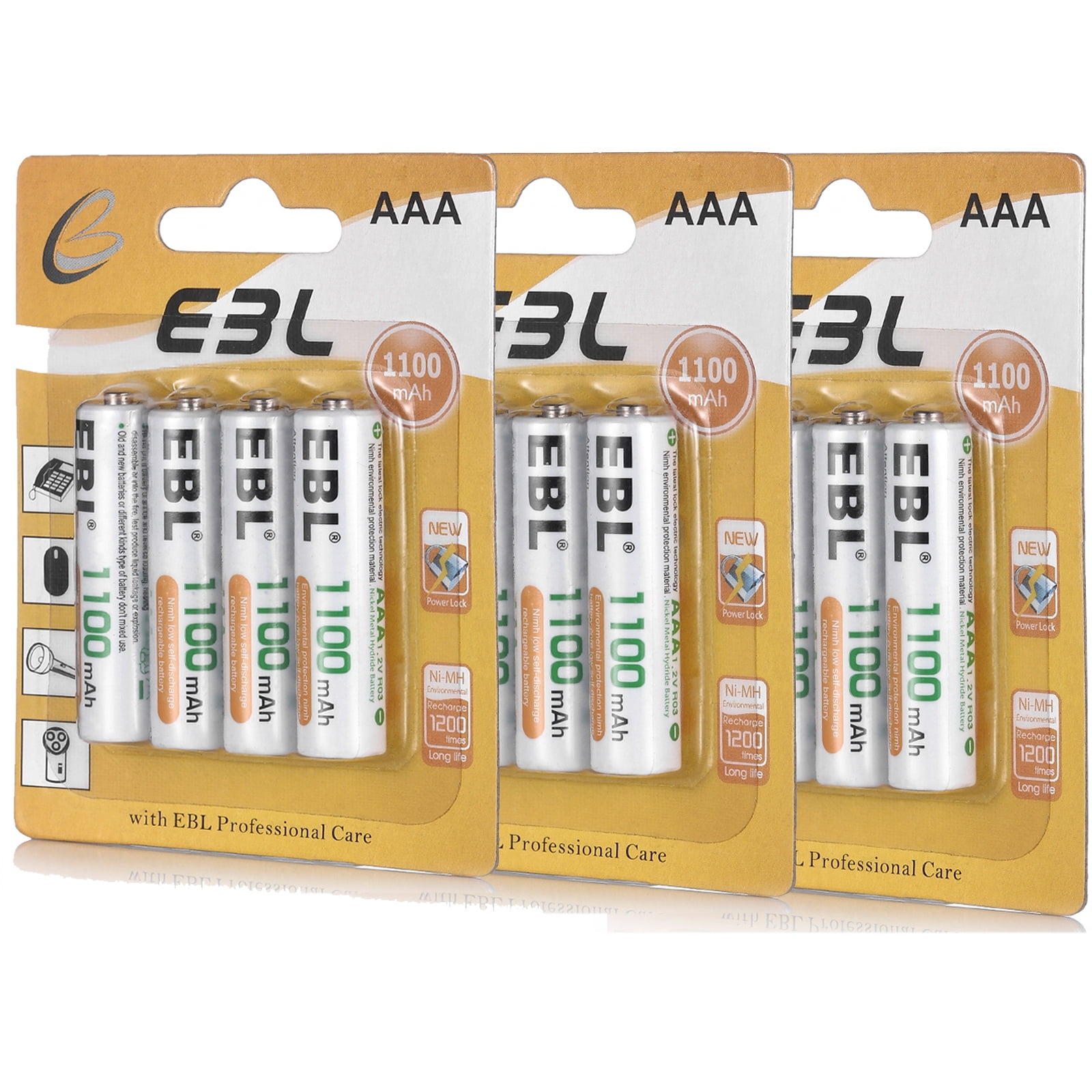 EBL AAA Rechargeable Batteries NiMH (12 Pack) with Retail Box, 1100mAh ...