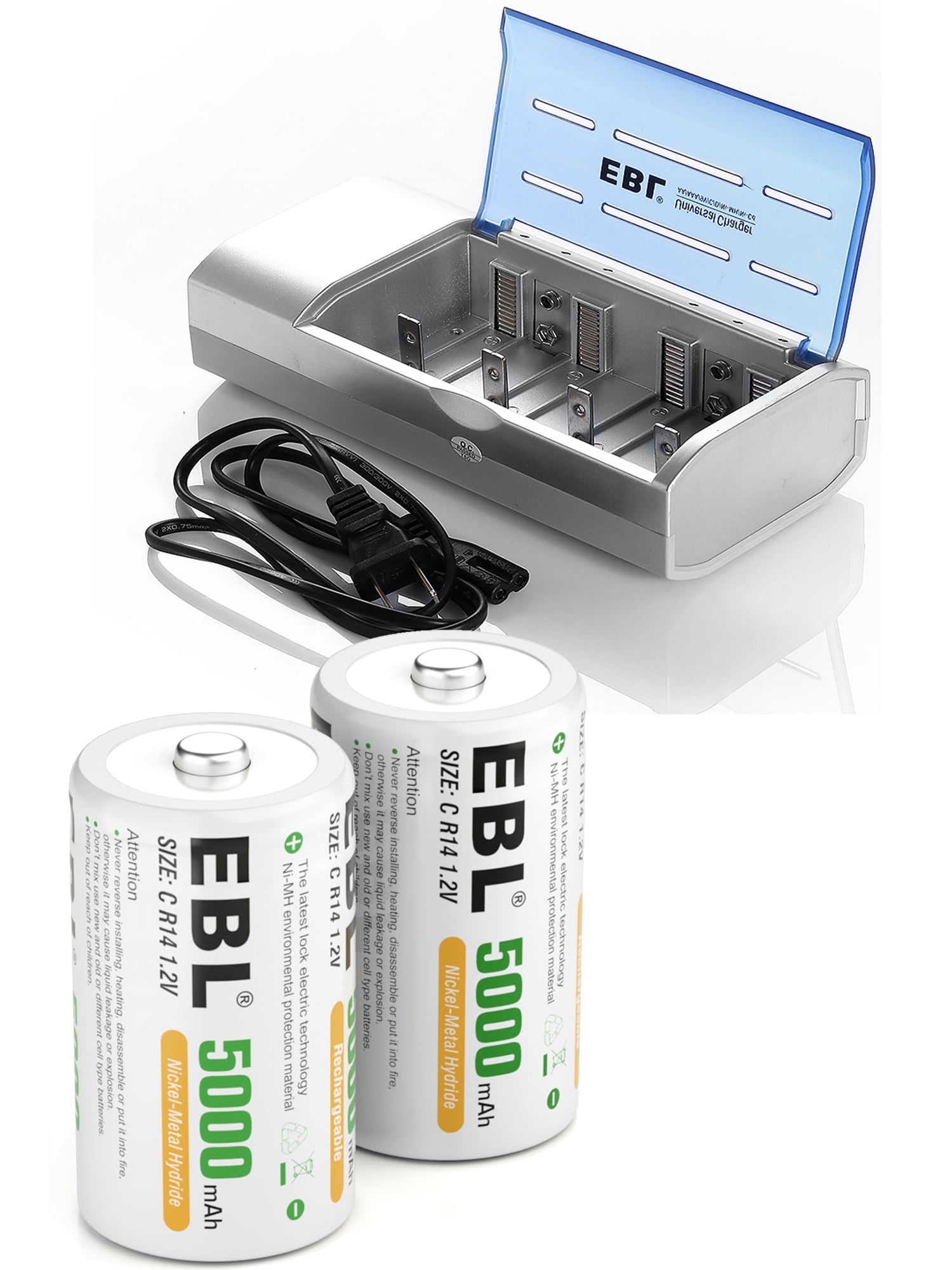 EBL C Cell Batteries Rechargeable 5000mAh (2 Pack)+ Battery Charger for ...
