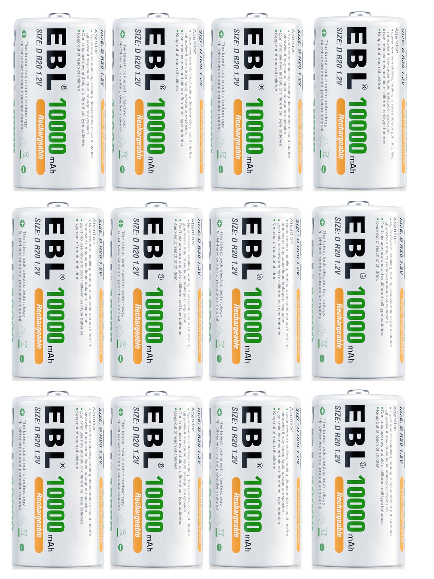 EBL D Cell Batteries 10,000mAh Ni-MH Rechargeable, 12-Pack with Storage ...