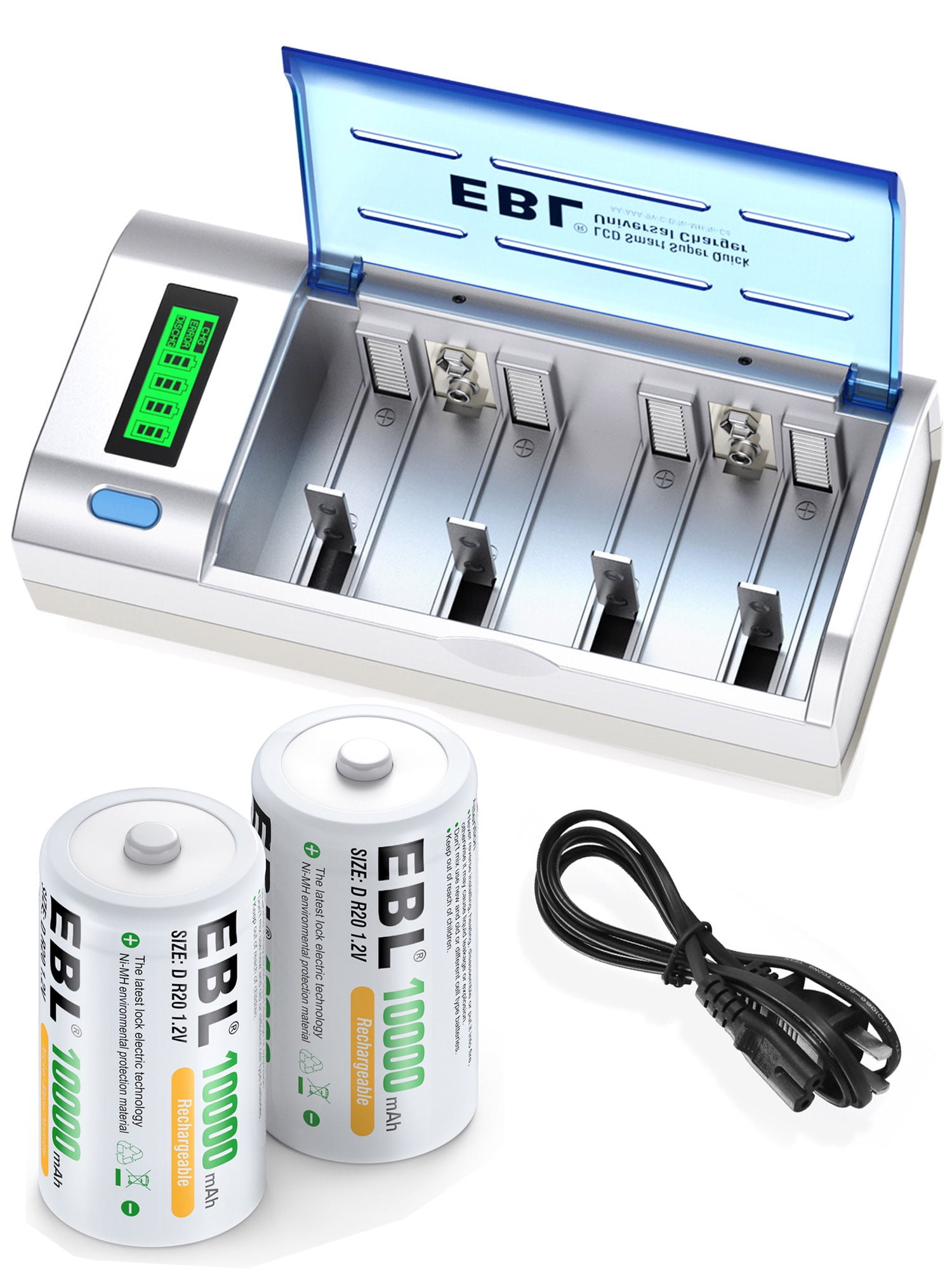 EBL D Cells 10000mAh Rechargeable Batteries (2 Counts) 1.5V with C D 9V ...