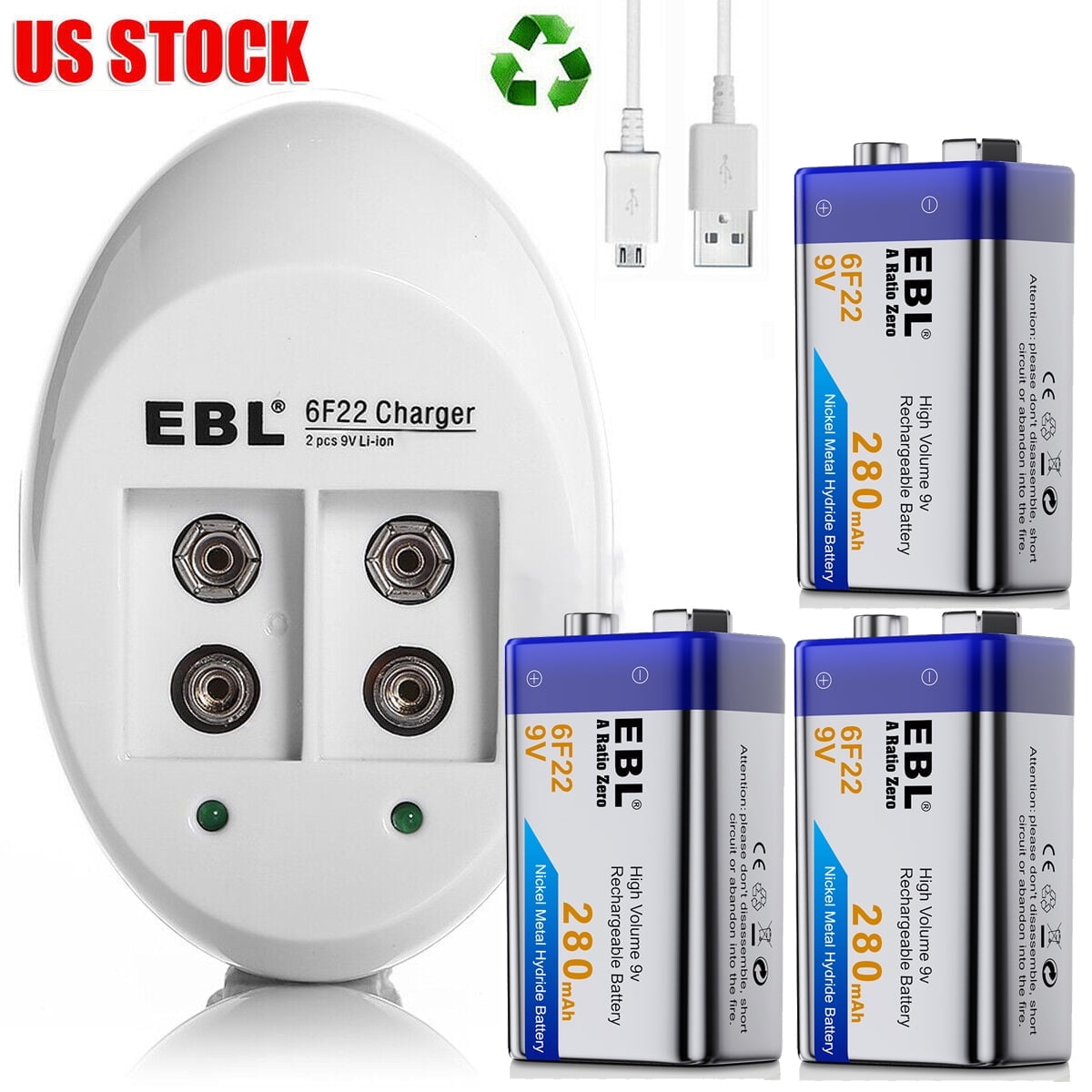 EBL Rechargeable 9V Battery and Battery Charger, NIMH 280 mAh 9 Volt ...