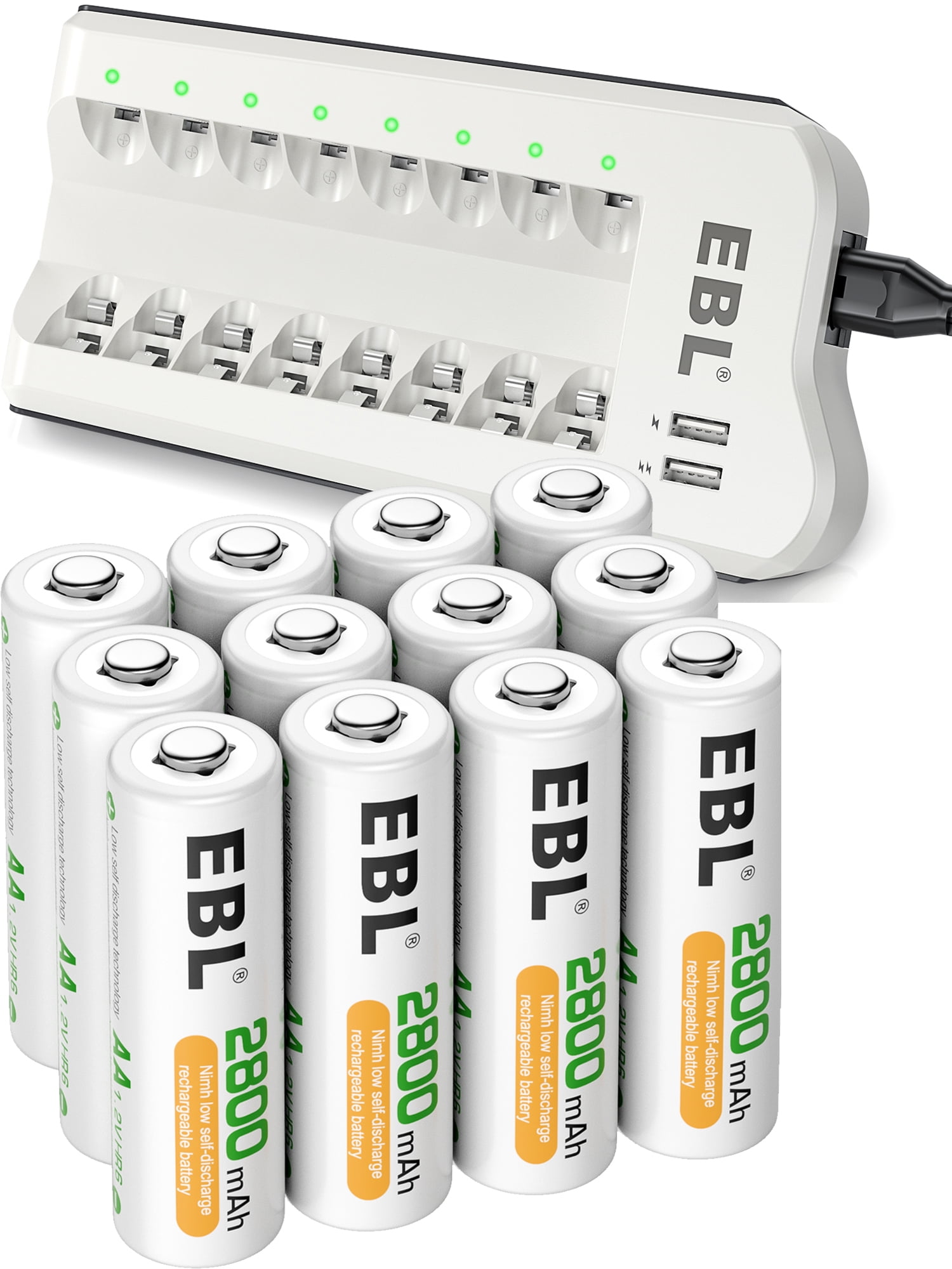 EBL Rechargeable AA Batteries Kit, 12-Pack 2800mAh, 8 Bay Charger with ...