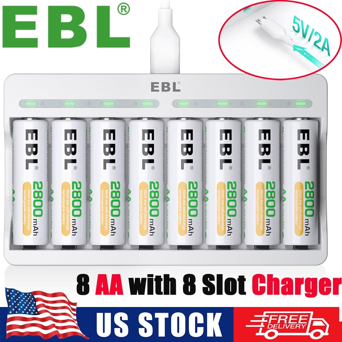 EBL Rechargeable AA Batteries 2800mAh (8 Pack) with 8 Bay Individual ...