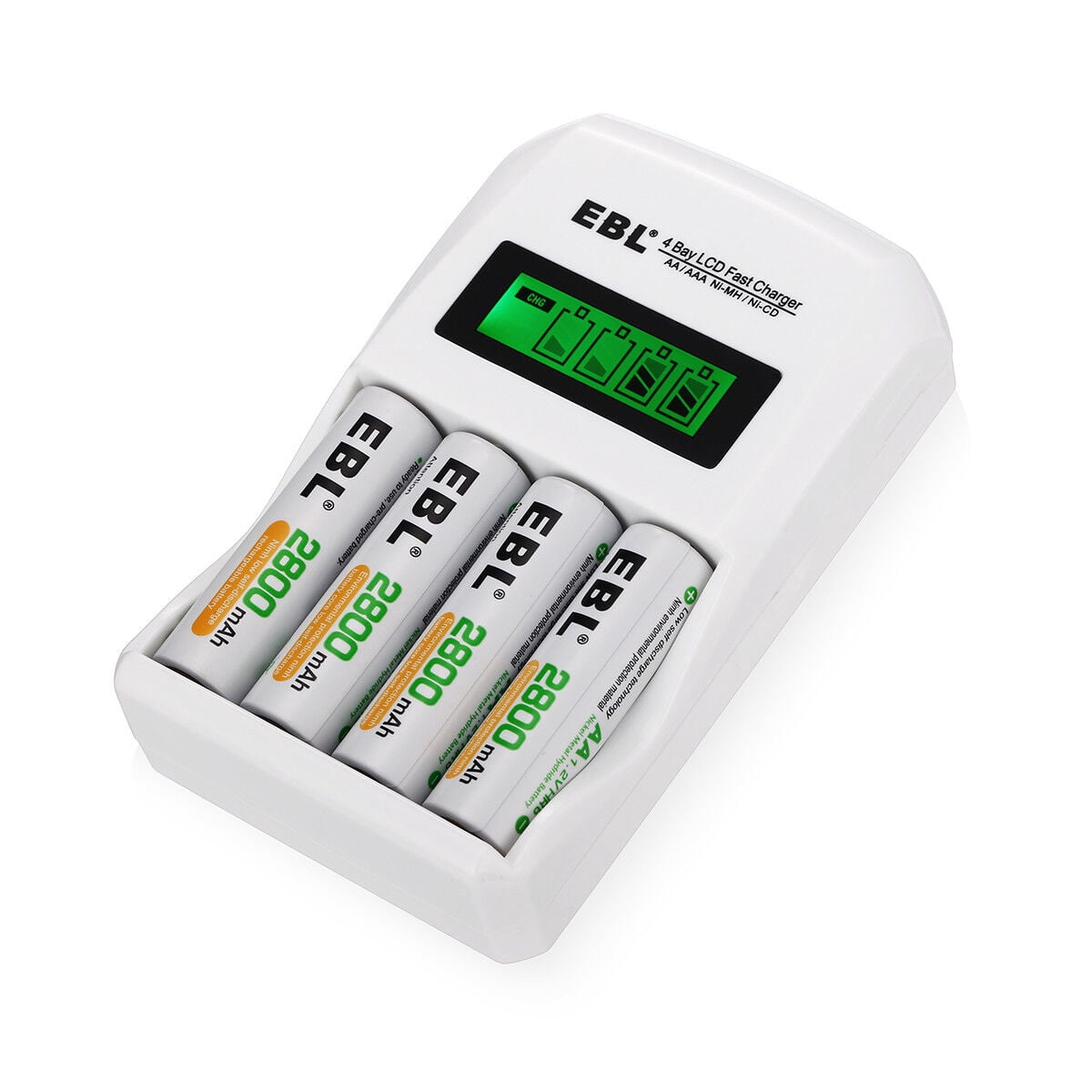 EBL 2800mAh Rechargeable AA Batteries (4 Pack) with Smart LCD Charger ...