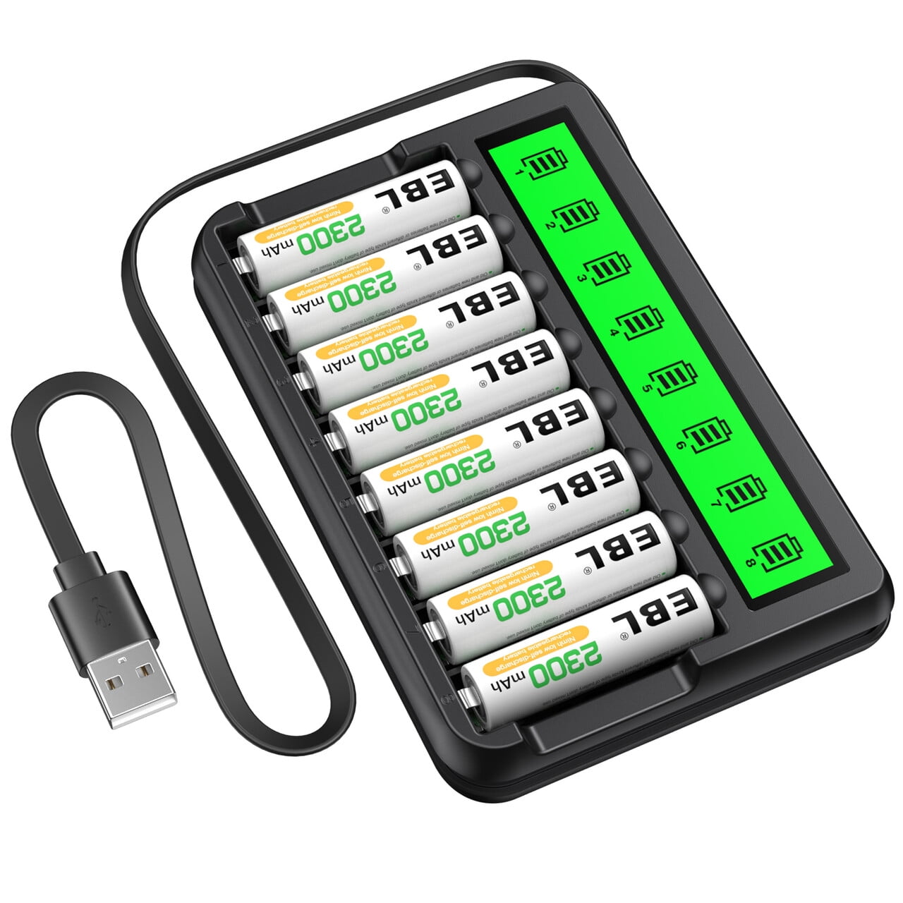 EBL Rechargeable AA Batteries, 8 Pack 2300mAh Ni-MH, 8-Bay LCD AA AAA ...