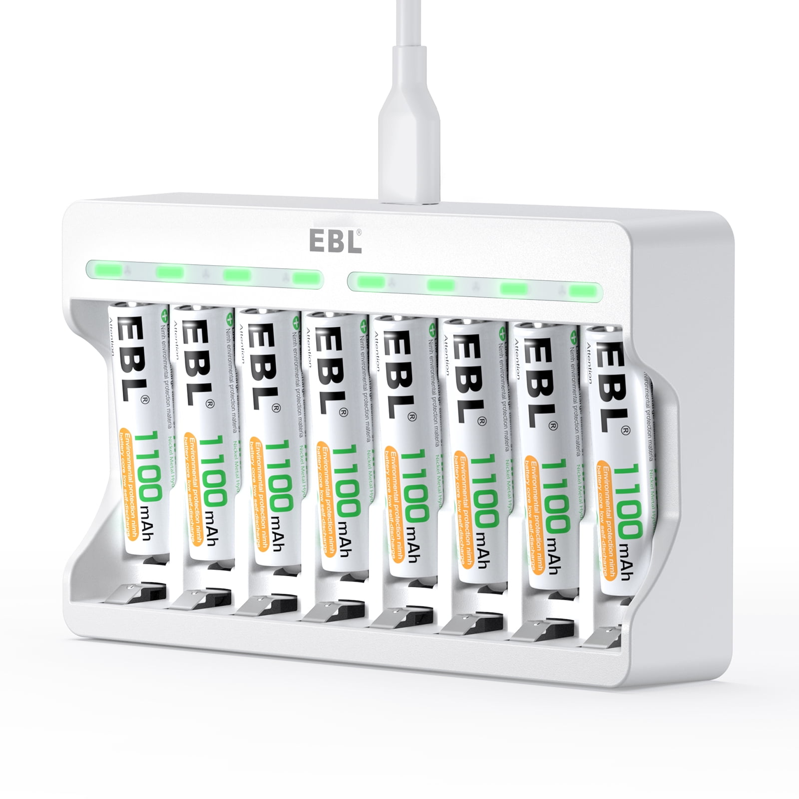 EBL Rechargeable AAA Batteries (8 Pack) 1100mAh + 8 Slot Battery Charger with USB Fast Charging ...