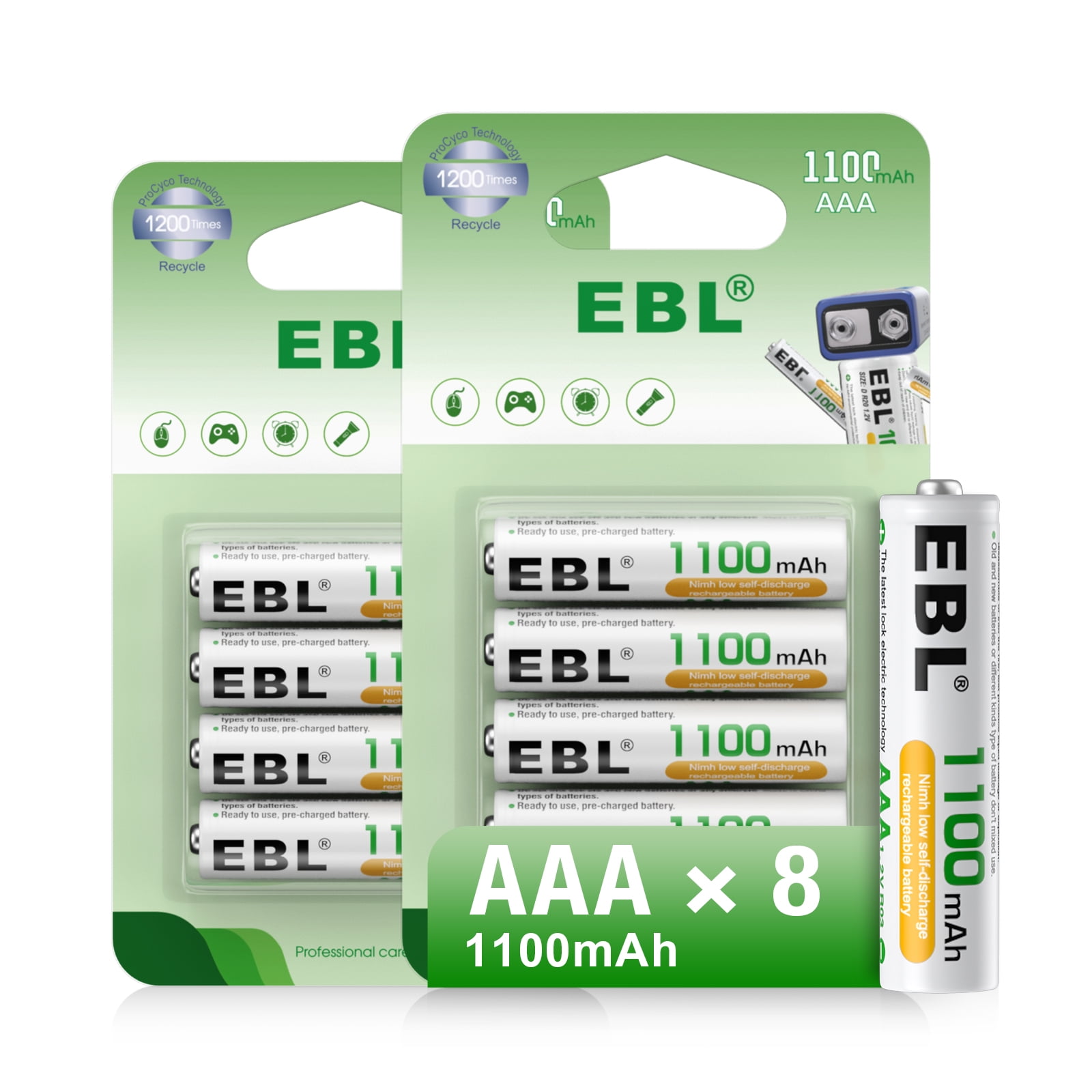 EBL Ni-MH Rechargeable AAA Batteries, 8 Pack, Precharged, Long Lasting ...