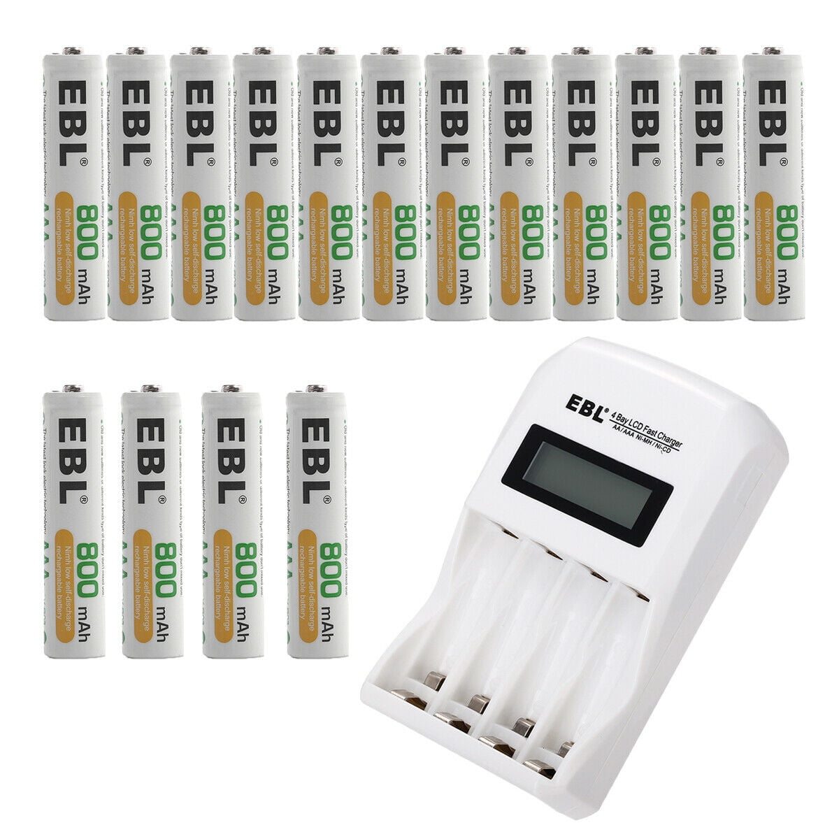 EBL Rechargeable AAA Batteries 800mAh (16 Pack) 1.2V with Smart LCD ...
