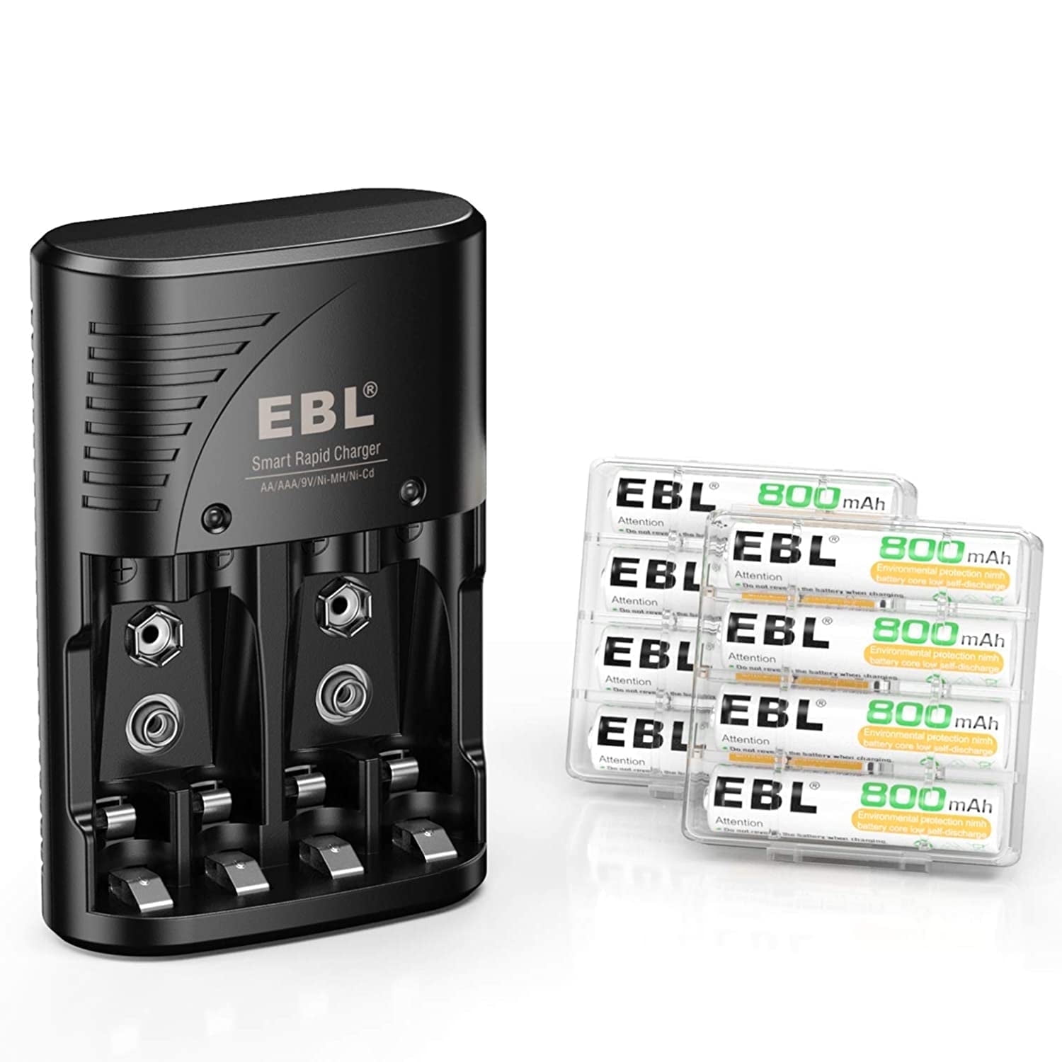 EBL Rechargeable AAA Batteries 800mAh 8pk w/ Smart Charger & AC Plug ...