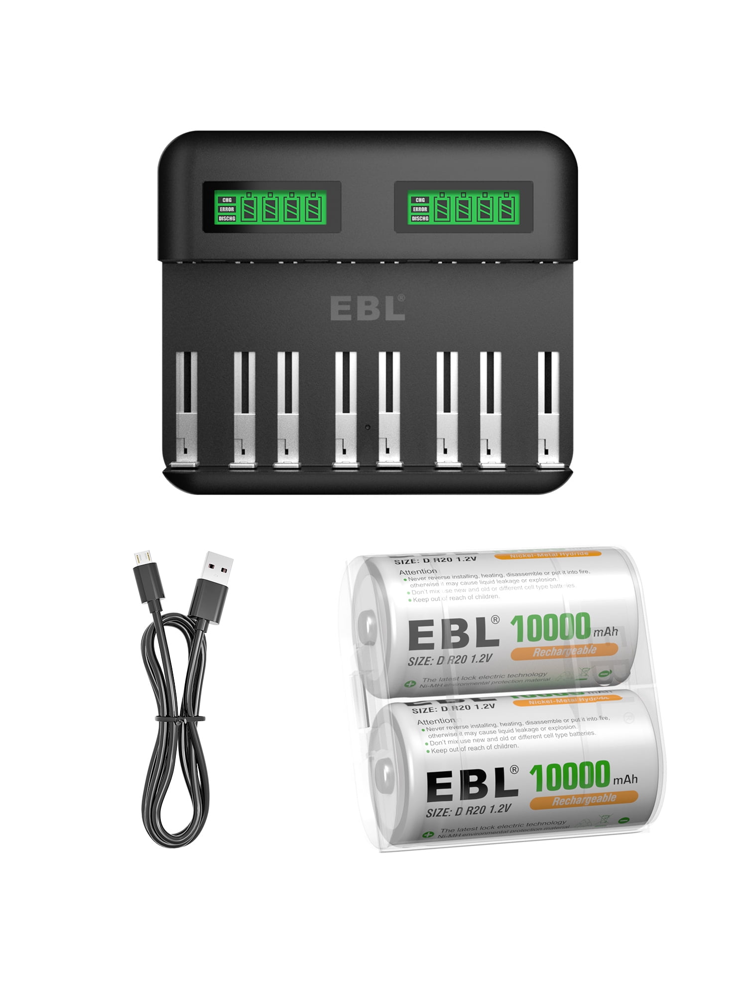 EBL Rechargeable D Batteries 10000mAh 1.2V (2 Pack) and LCD ...