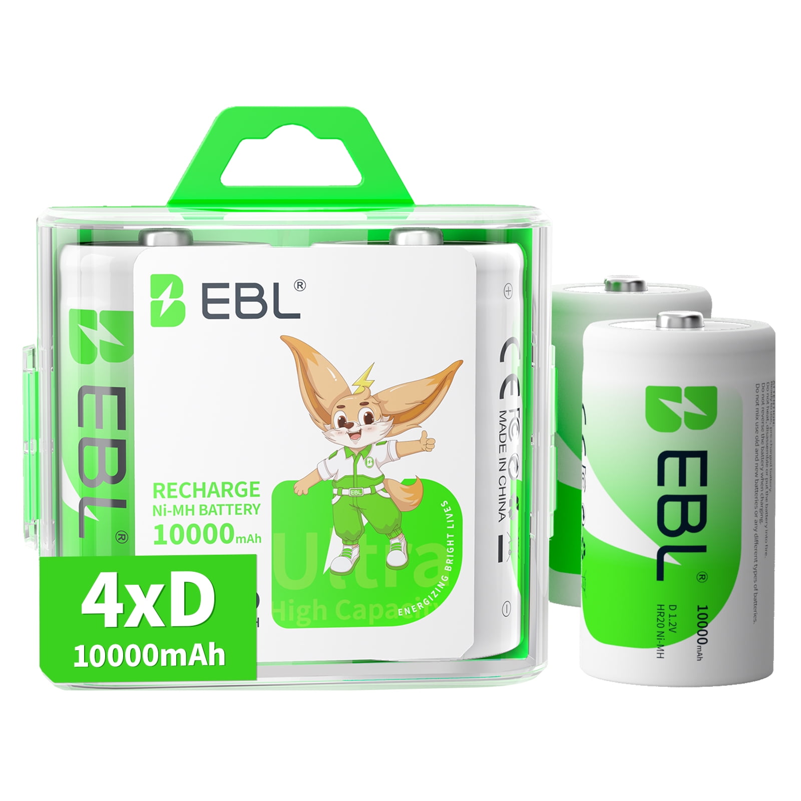 EBL Rechargeable D Cell Batteries, 4 Pack, 10000mAh General Purpose ...