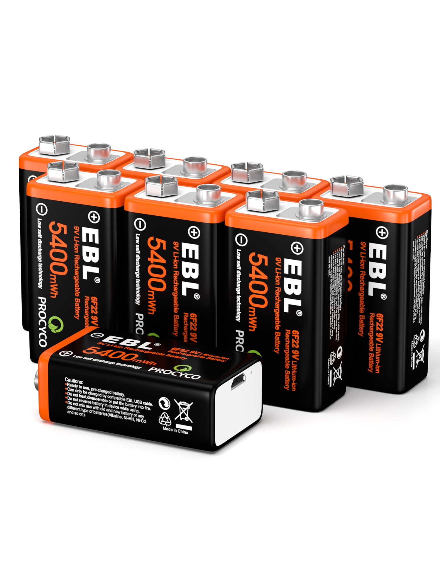 EBL USB Rechargeable 9V LI-ion Batteries 5400mWh Lithium Battery with Charging Cable, 8 Pack ...