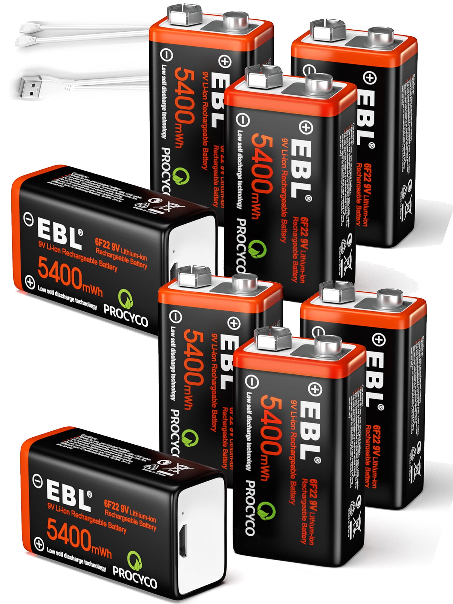 EBL USB Rechargeable 9V Lithium Batteries - 5400mWh LI-ion Batteries with Micro Charging Cable ...