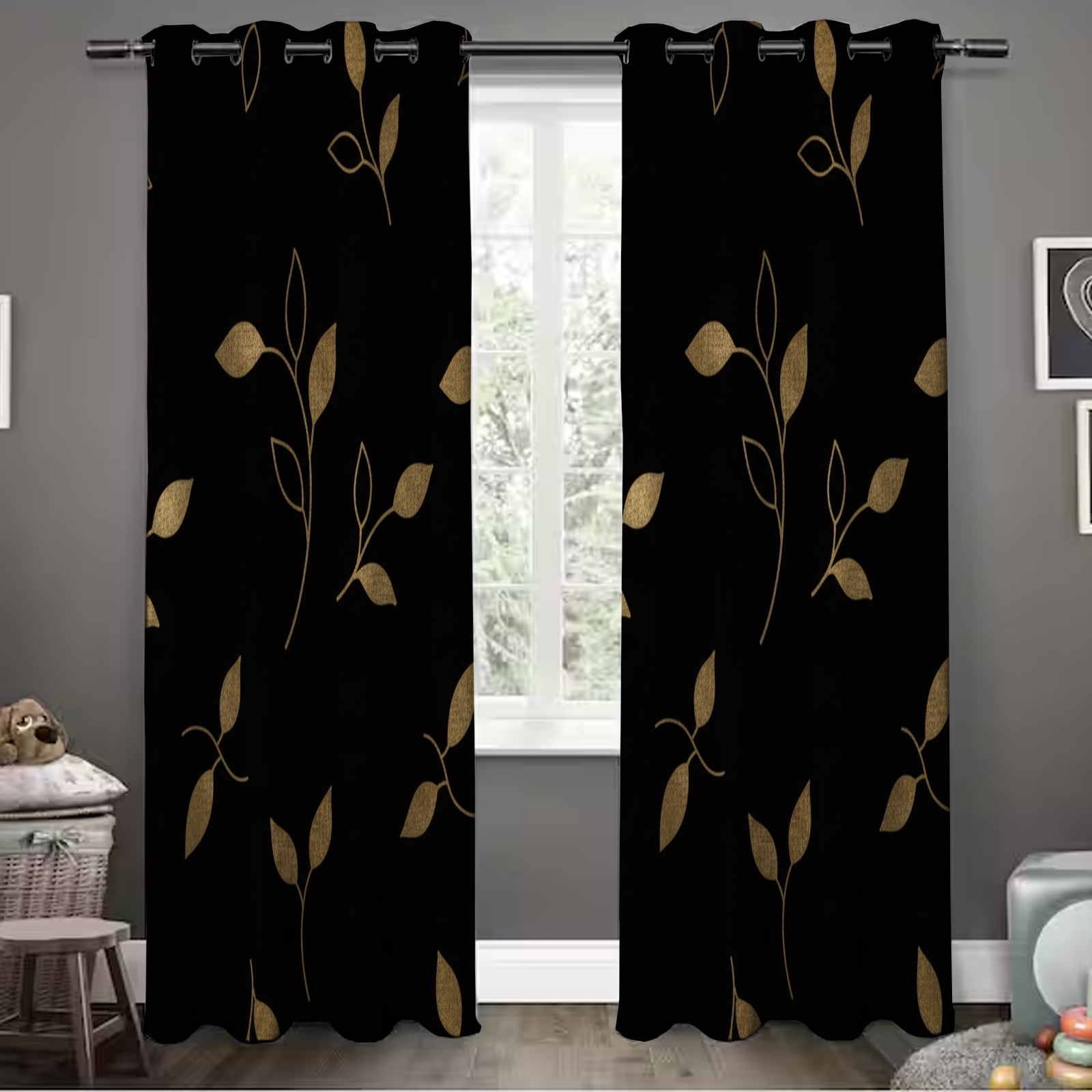 EBSTL Gold Black Full Blackout Curtains Print Golden Leaf Patterned ...