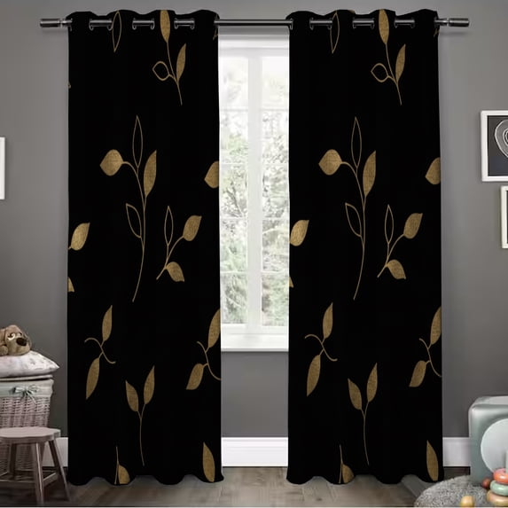 EBSTL Gold Black Full Blackout Curtains Print Golden Leaf Patterned ...