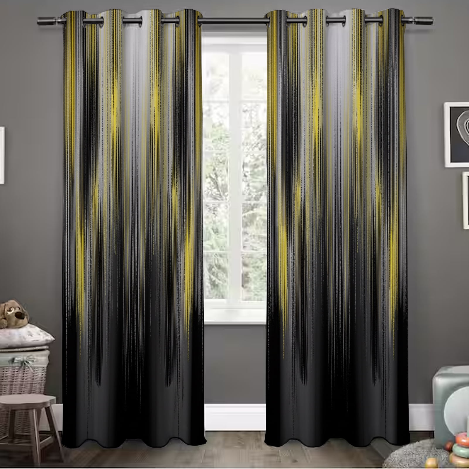 EBSTL Yellow and Black Curtains for Bedroom Living Room 2 Panels, 63/84 ...