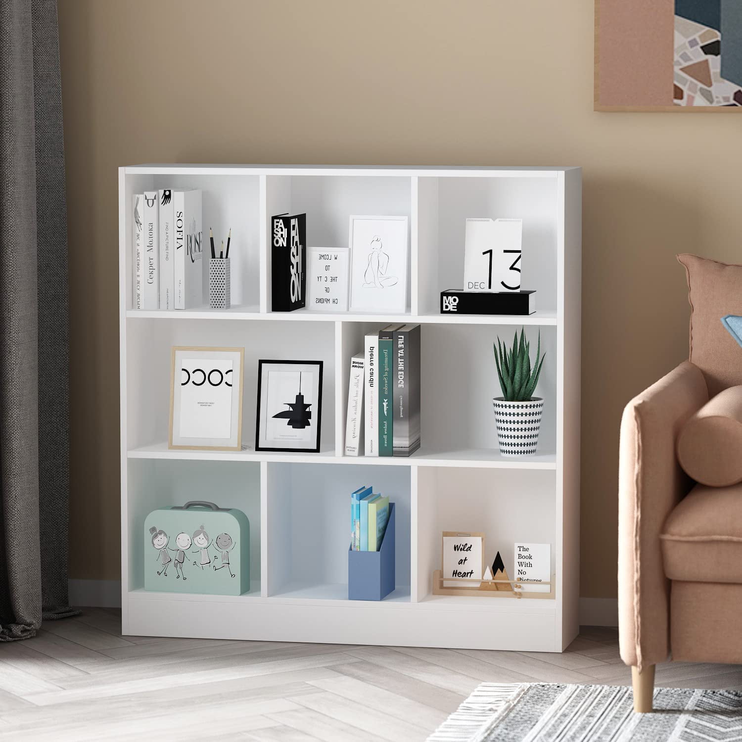 ECACAD Bookcase, Wood Bookshelf with 3 Tier Open Shelves, 8-Cube ...