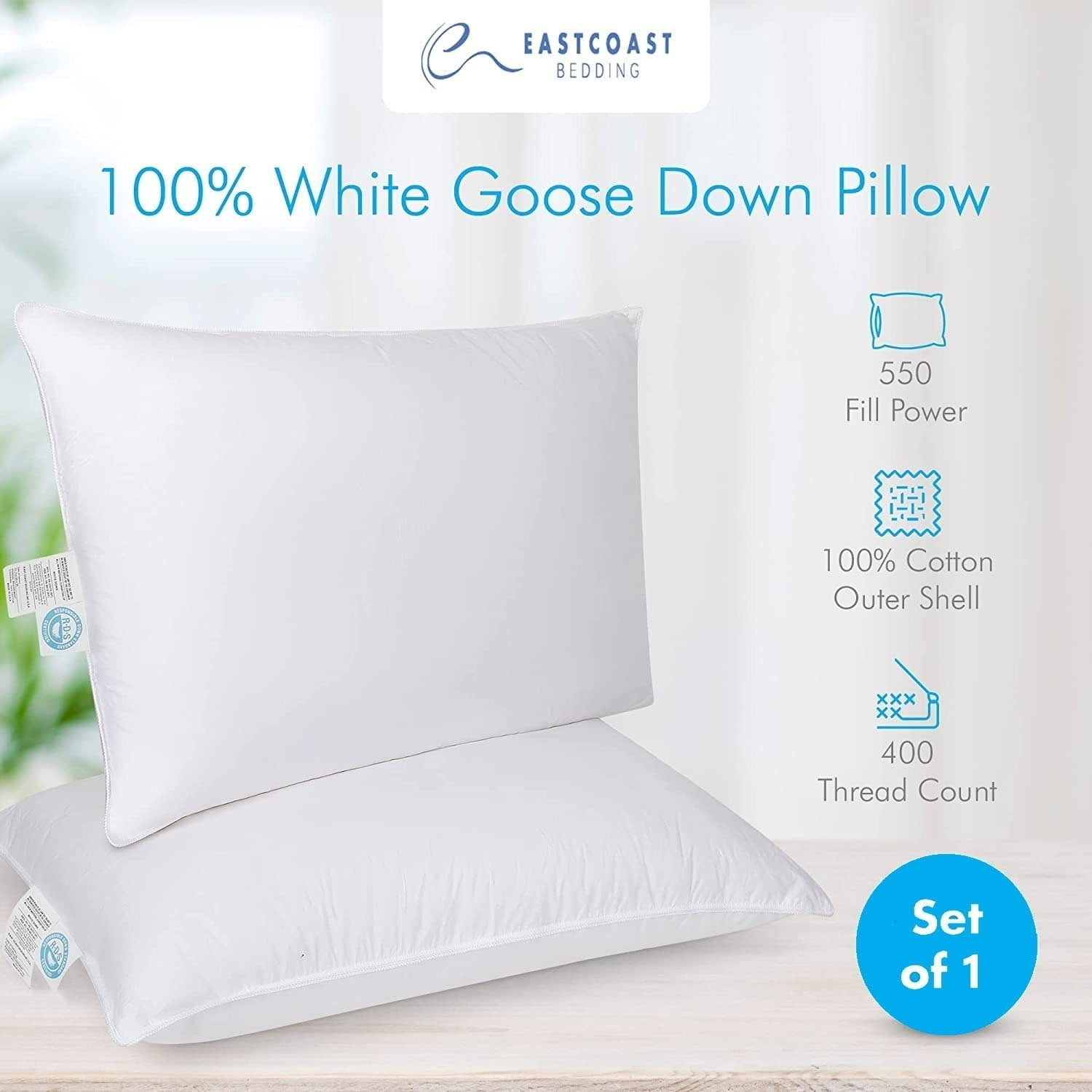 ECB-550-S.2 White Goose Down Pillows 550 Fill Power Cotton Shell Firm ...