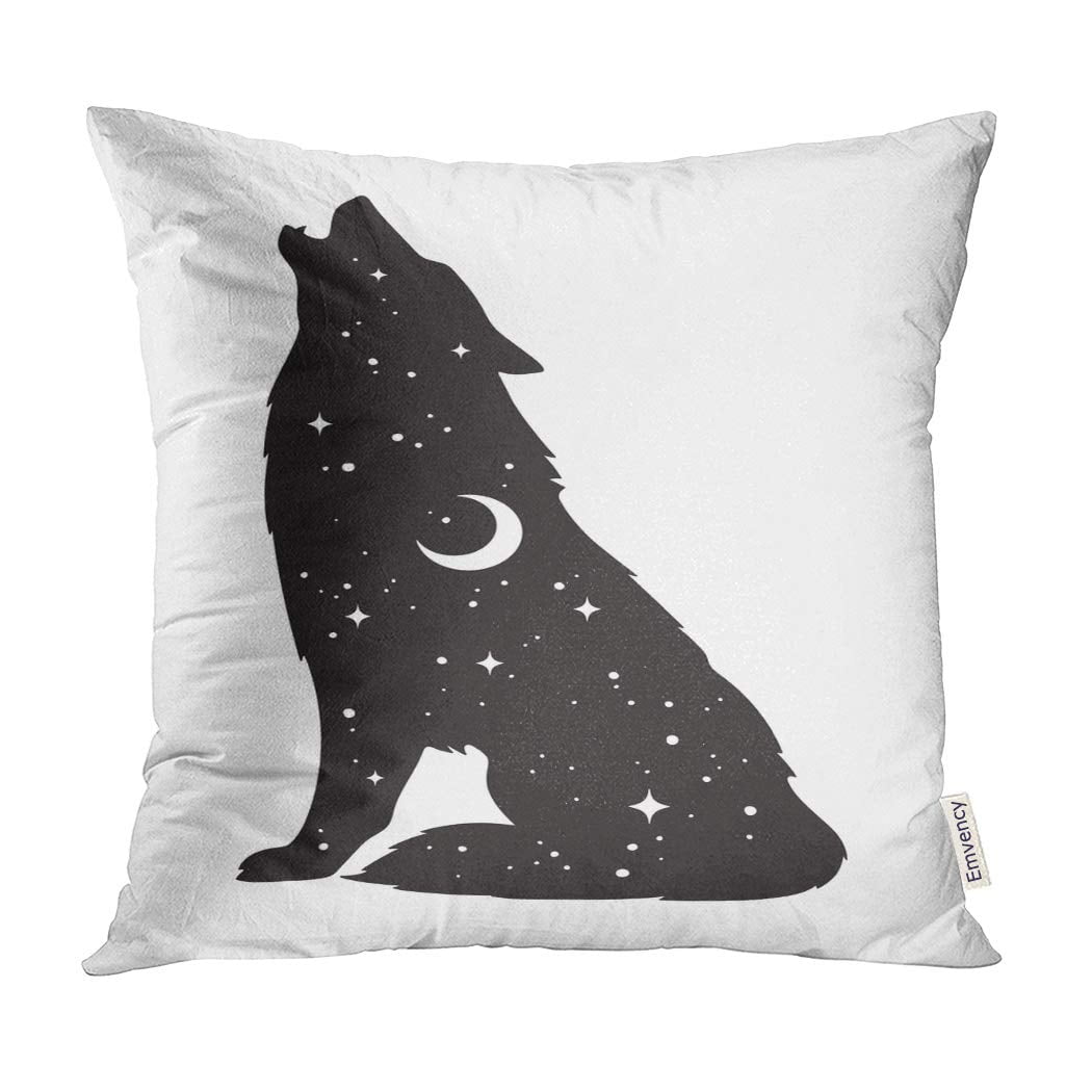 ECCOT Silhouette of Wolf Crescent Moon and Stars Black Work Flash ...