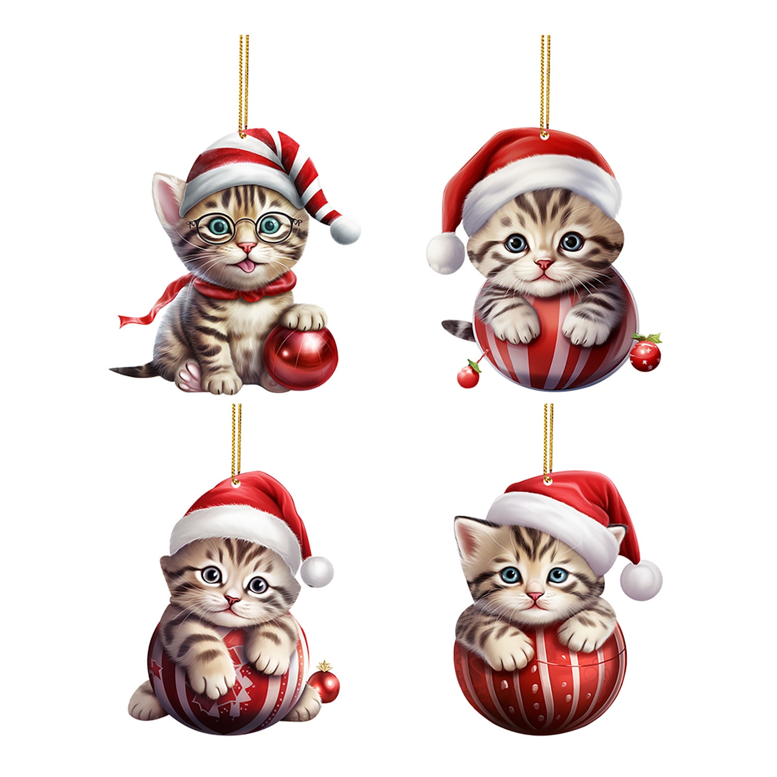 ECHOYY 4pc 2D Acrylic Funny Cat Christmas Tree Ornament Cat Acrylic ...