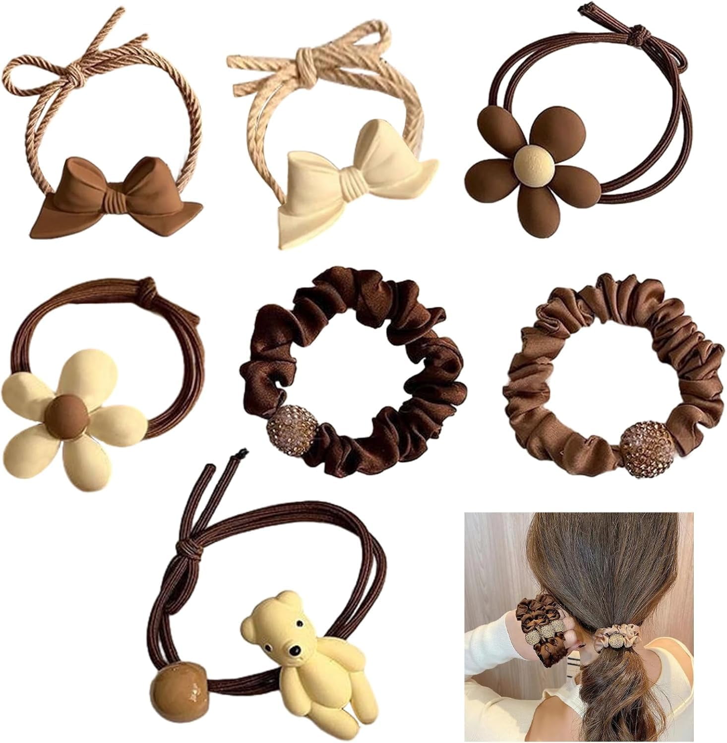 ECLATE ACCESSORIES Hair Bobbles for Women 7 Piece Set Bow Elastic Hair ...
