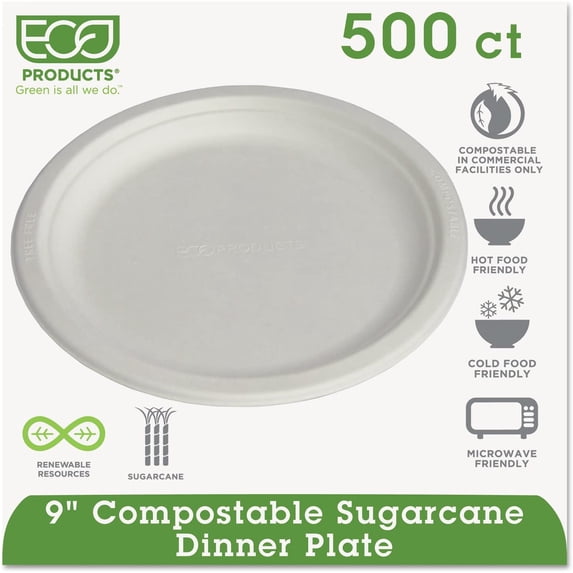 ECO PRODUCTS EPP013 Renewable & Compostable Sugarcane Plates, 9-Inch ...