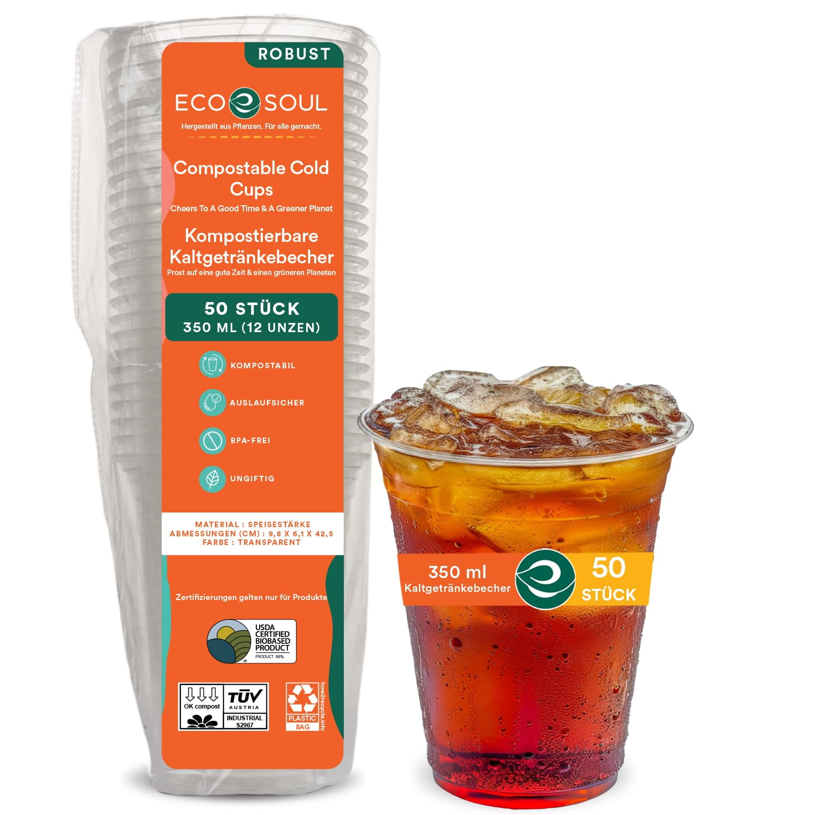 ECO SOUL 100% Clear Compostable Party Cups | (50 Count, 12 oz ...