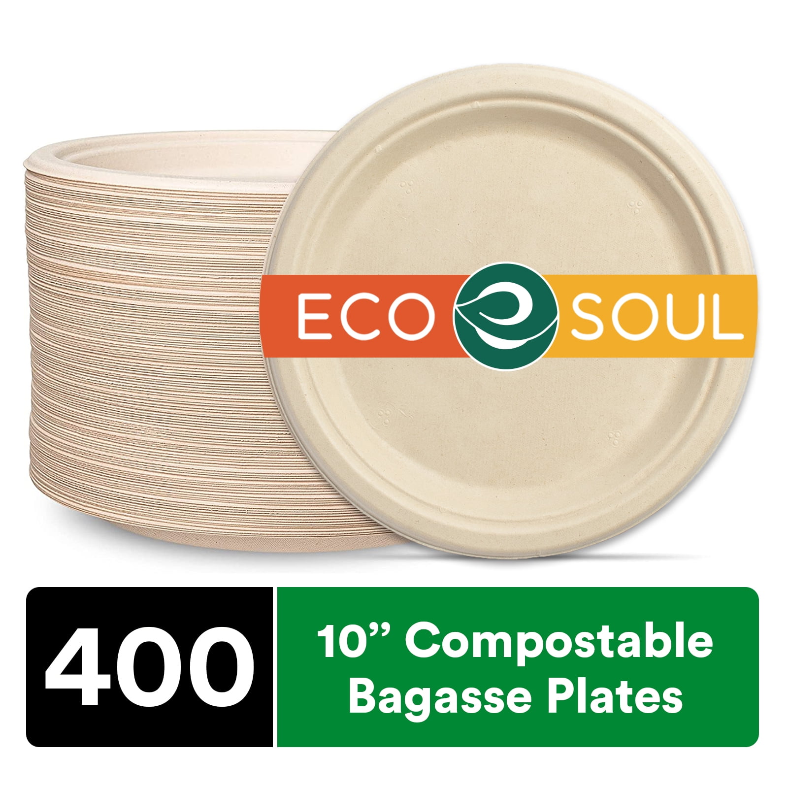ECO SOUL 100% Compostable 10 Inch Bagasse Paper Plates, 400 counts ...