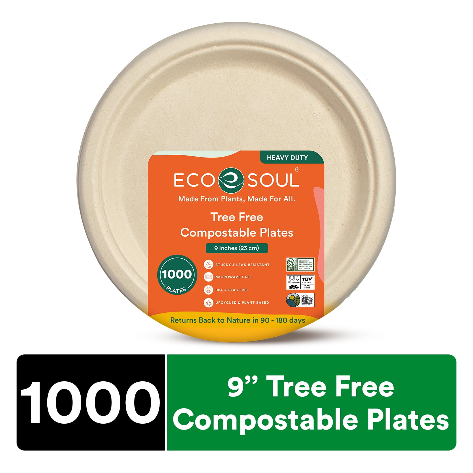 ECO SOUL 9 Inch Round [1000-Pack] Tree Free Compostable Plates I PFAS ...