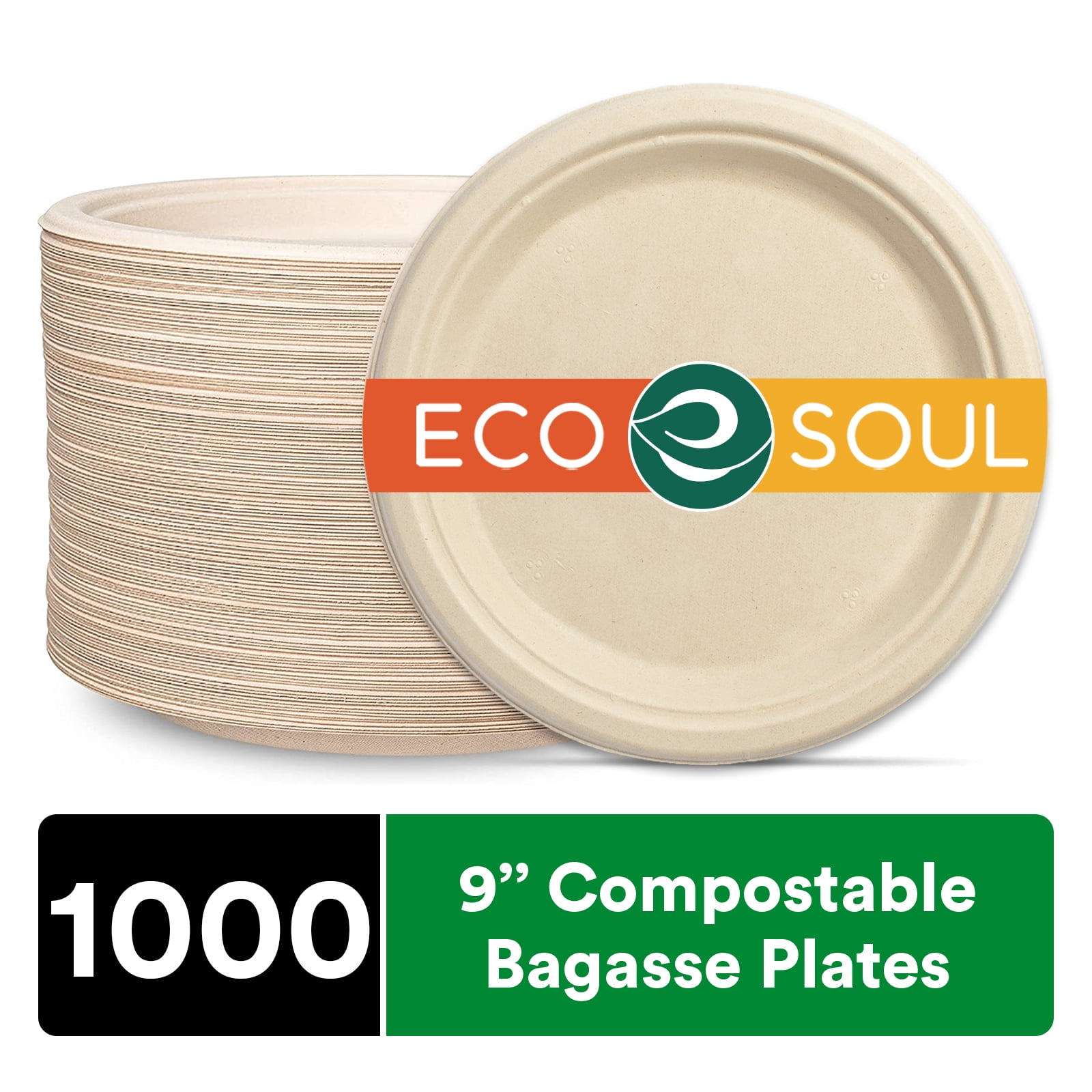 ECO SOUL 100% Compostable 9 inch Bagasse Paper Plates, 1000 Counts ...