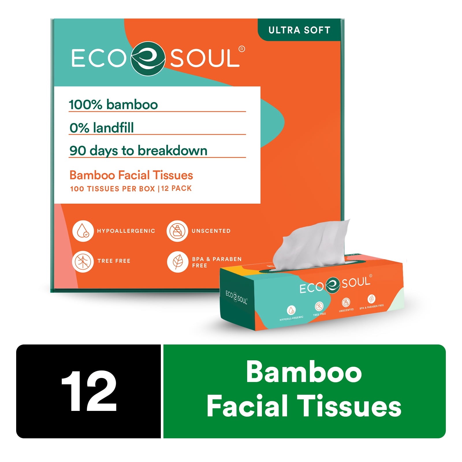 ECO SOUL Bamboo Facial Tissues, 12 Packs, 1200 Count, Soft Durable 2 ...
