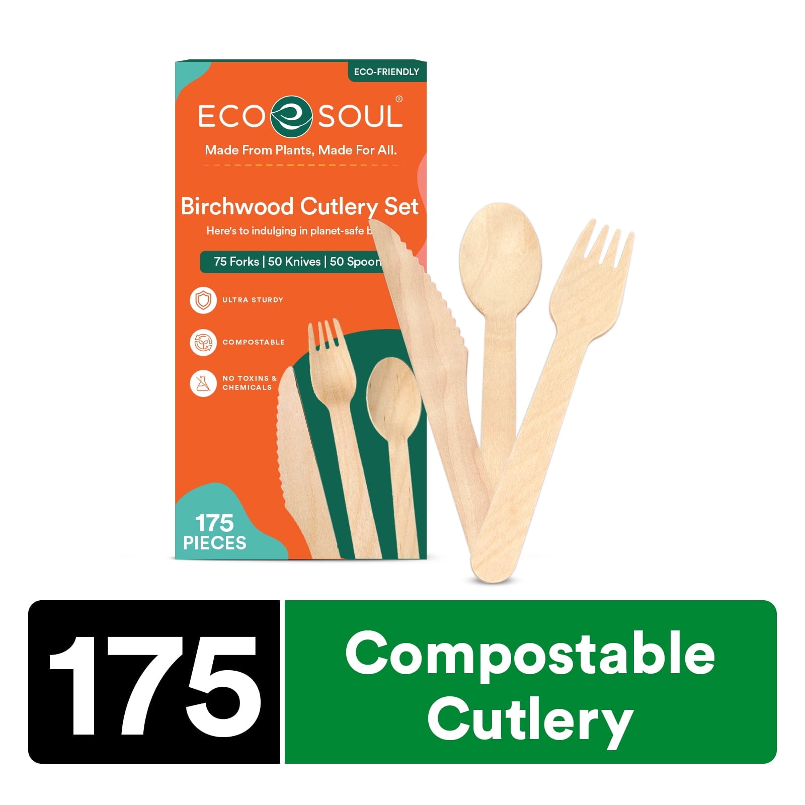 ECO SOUL 100% Compostable Wooden Cutlery Set, 175 Count, Eco-Friendly ...