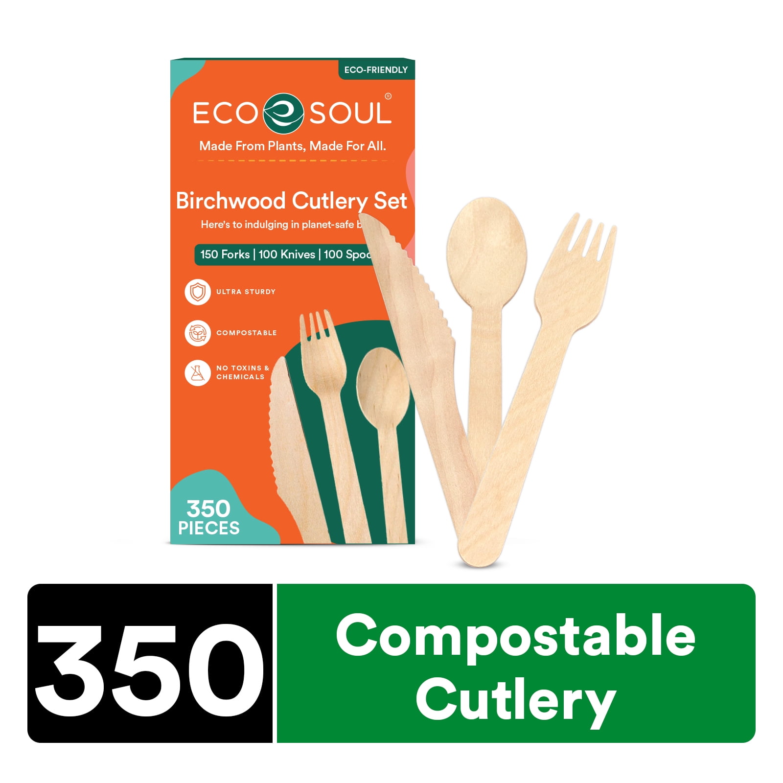 ECO SOUL Biodegradable Cutlery Set: 350 Counts Disposable Wooden ...
