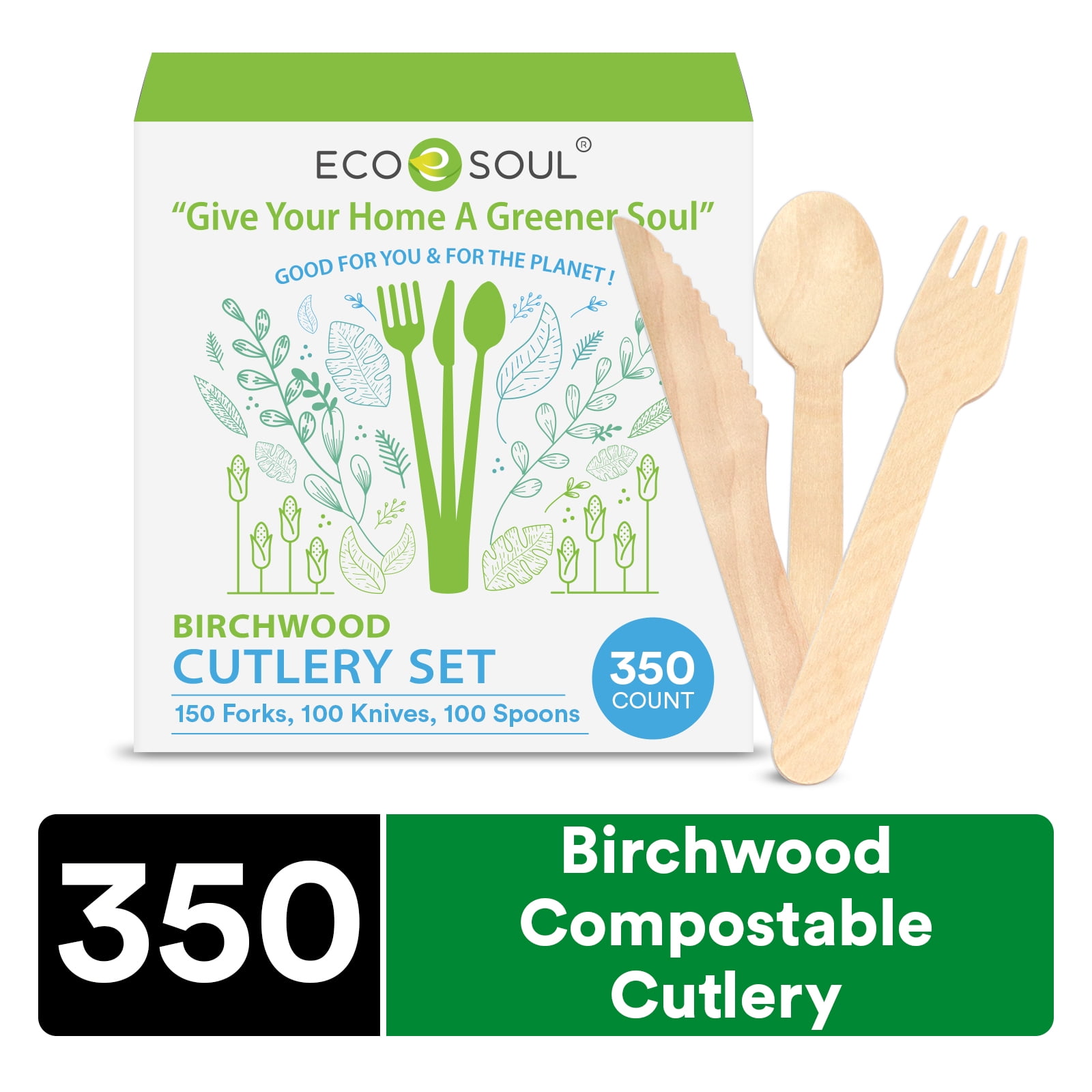 ECO SOUL 100% Compostable Cutlery 350 Count Disposable Wooden Cutlery ...