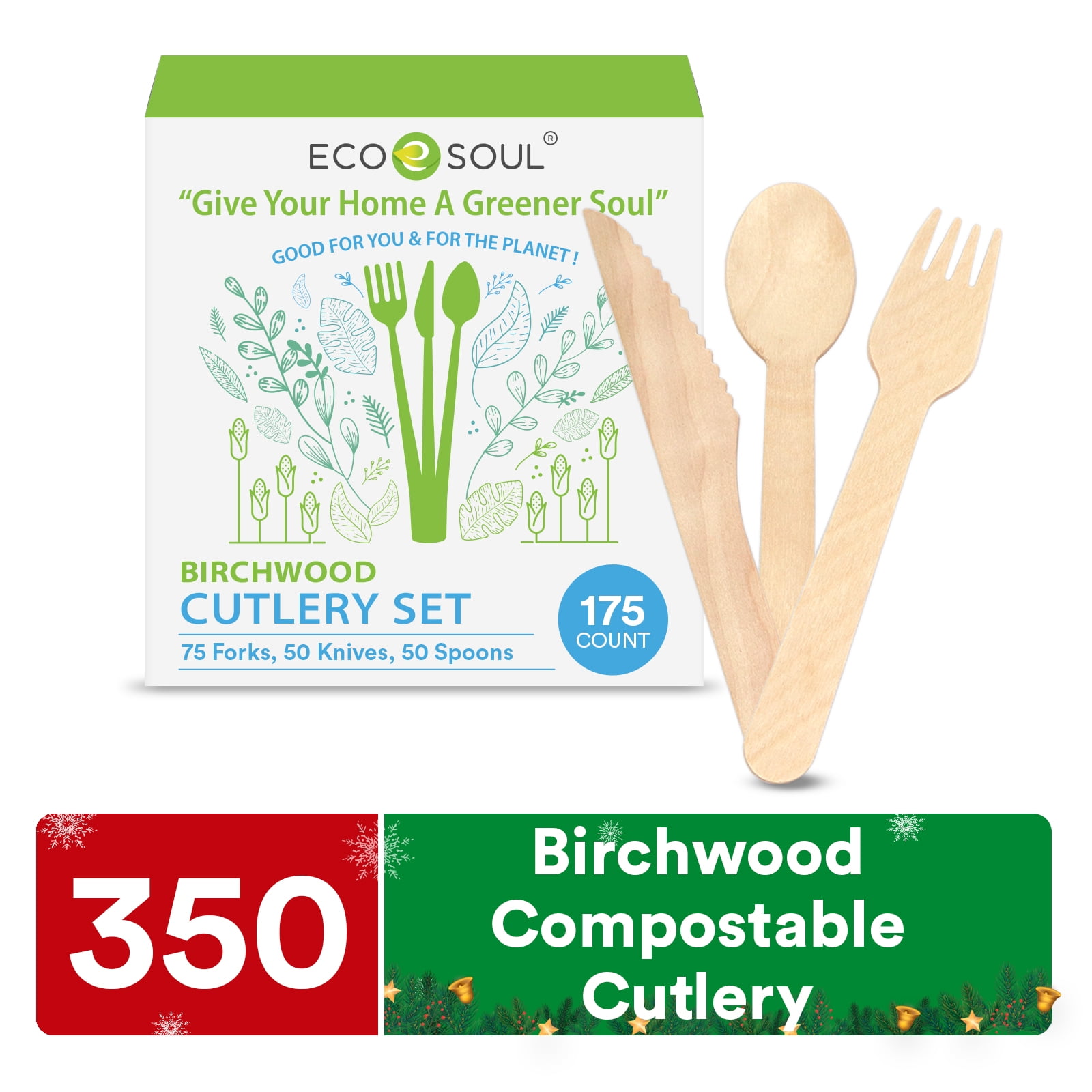 ECO SOUL 100% Compostable Cutlery 350 Count Disposable Wooden Cutlery ...